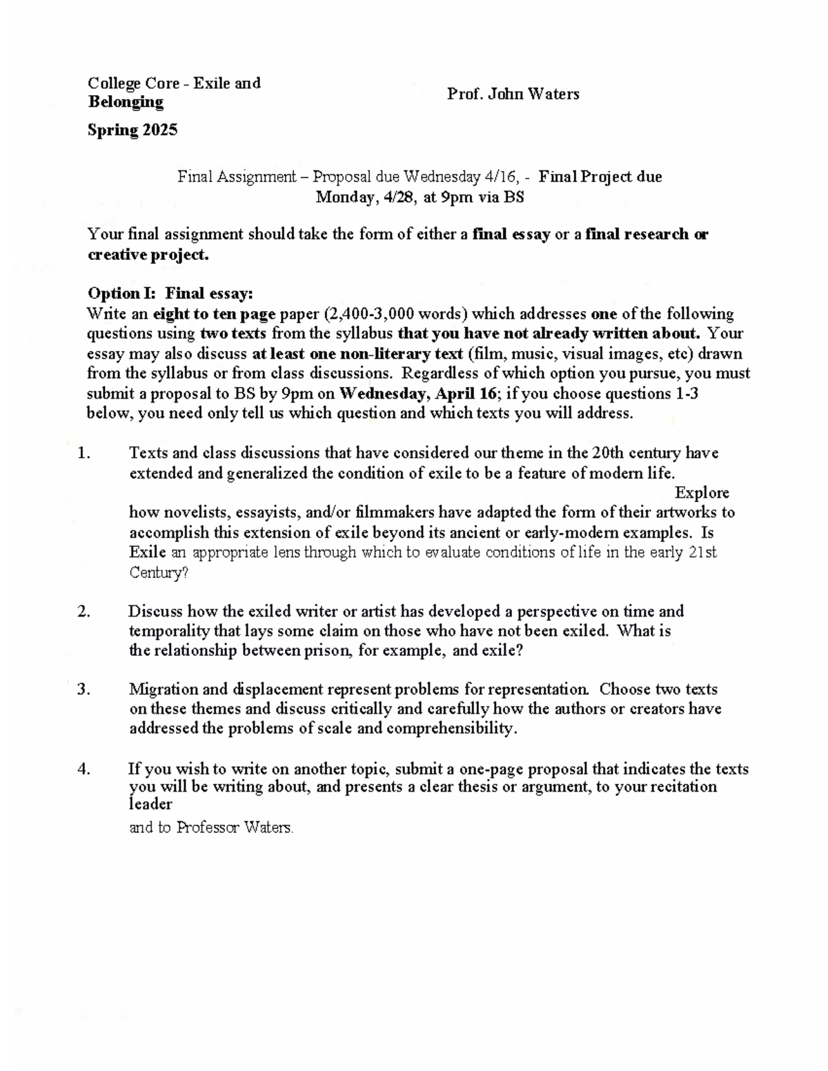 Core Final Assignment Proposal: Exile & Belonging (COLLEGE 2025) - Studocu