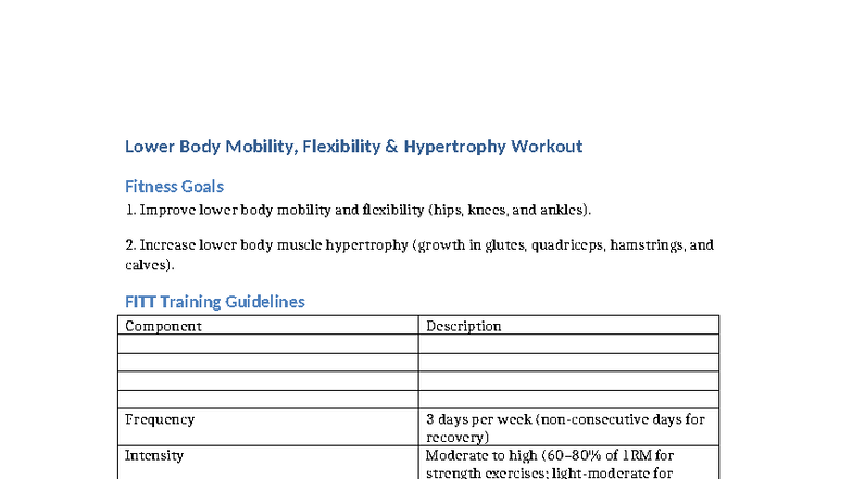 Lower Body Mobility & Hypertrophy Workout Plan (Fitness Goals) - Studocu