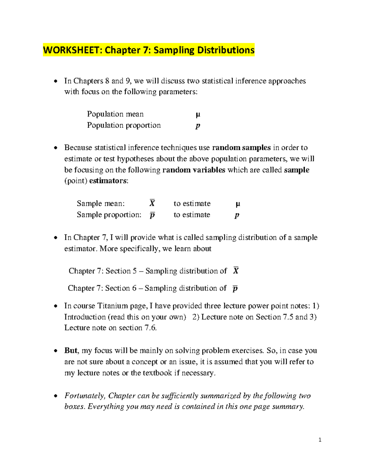 WORKSHEET: Sampling Distributions in Chapter 7 Explained - Studocu