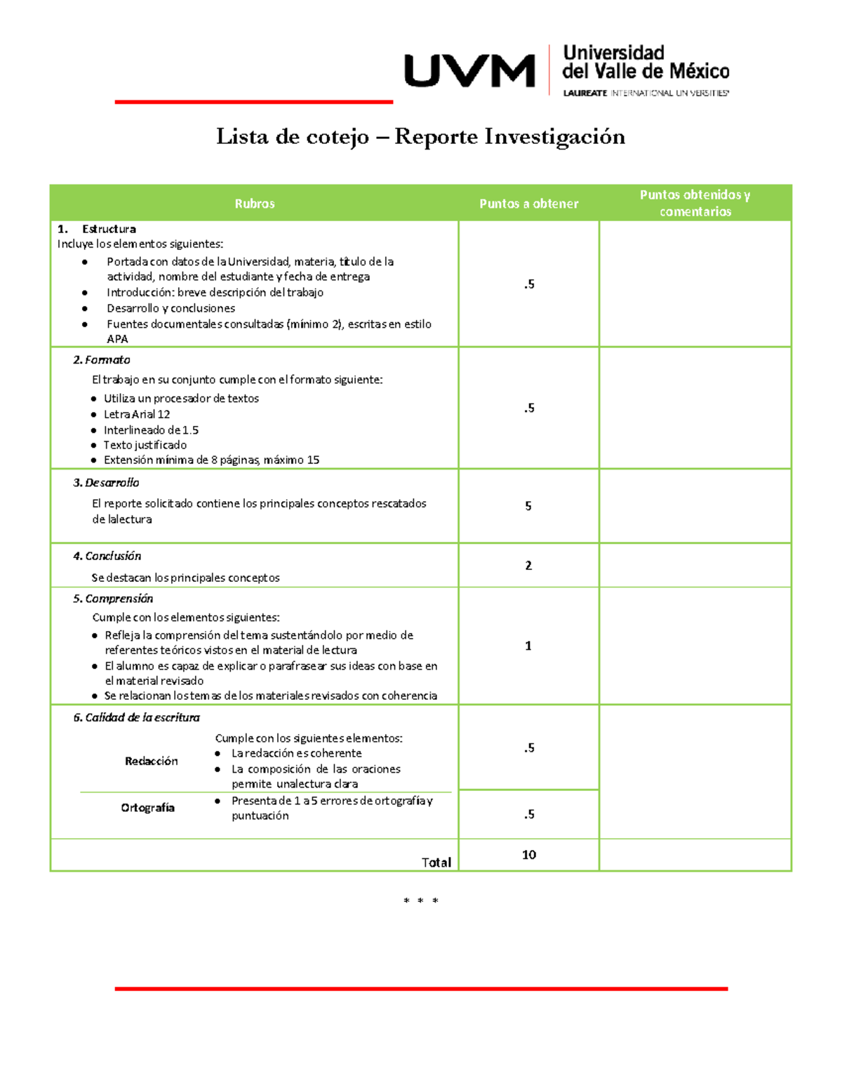 Reporte de Investigación: Cotejo y Puntos a Obtener (TEC) - Studocu