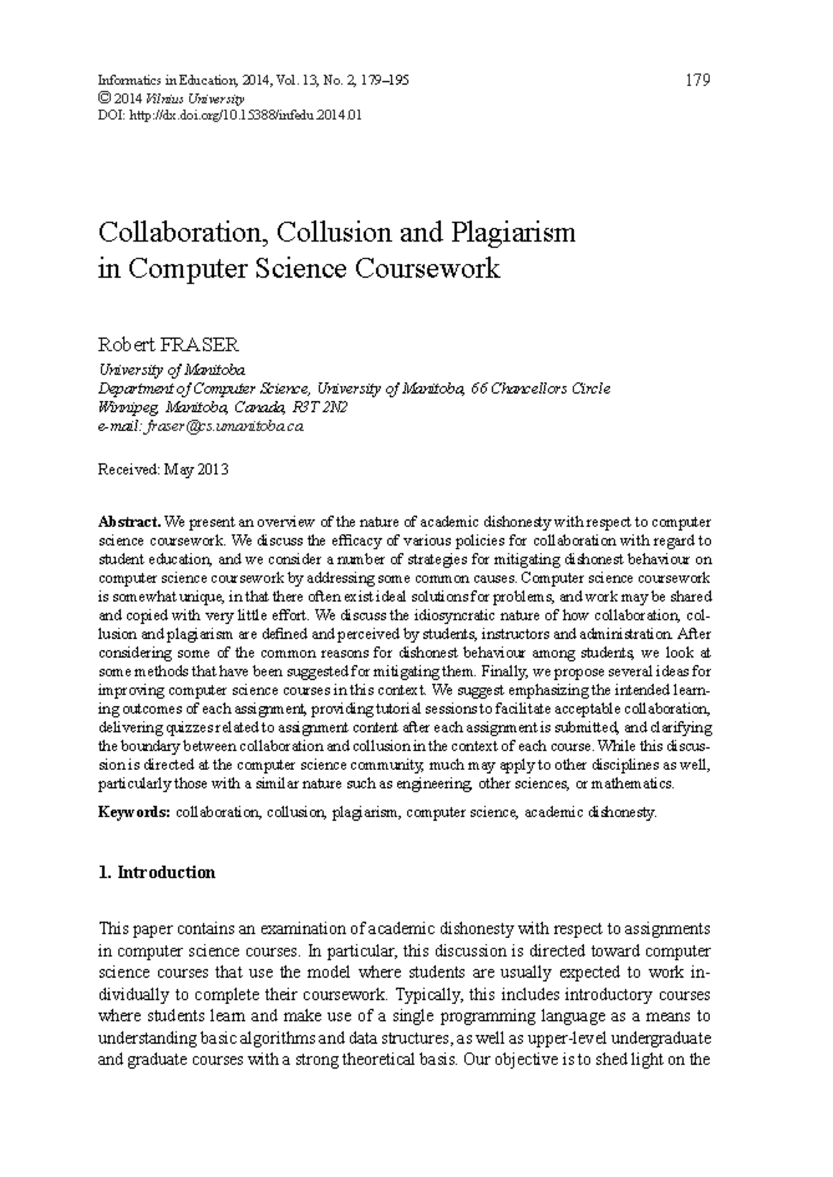 CS 101: Addressing Collaboration, Collusion, and Plagiarism in ...