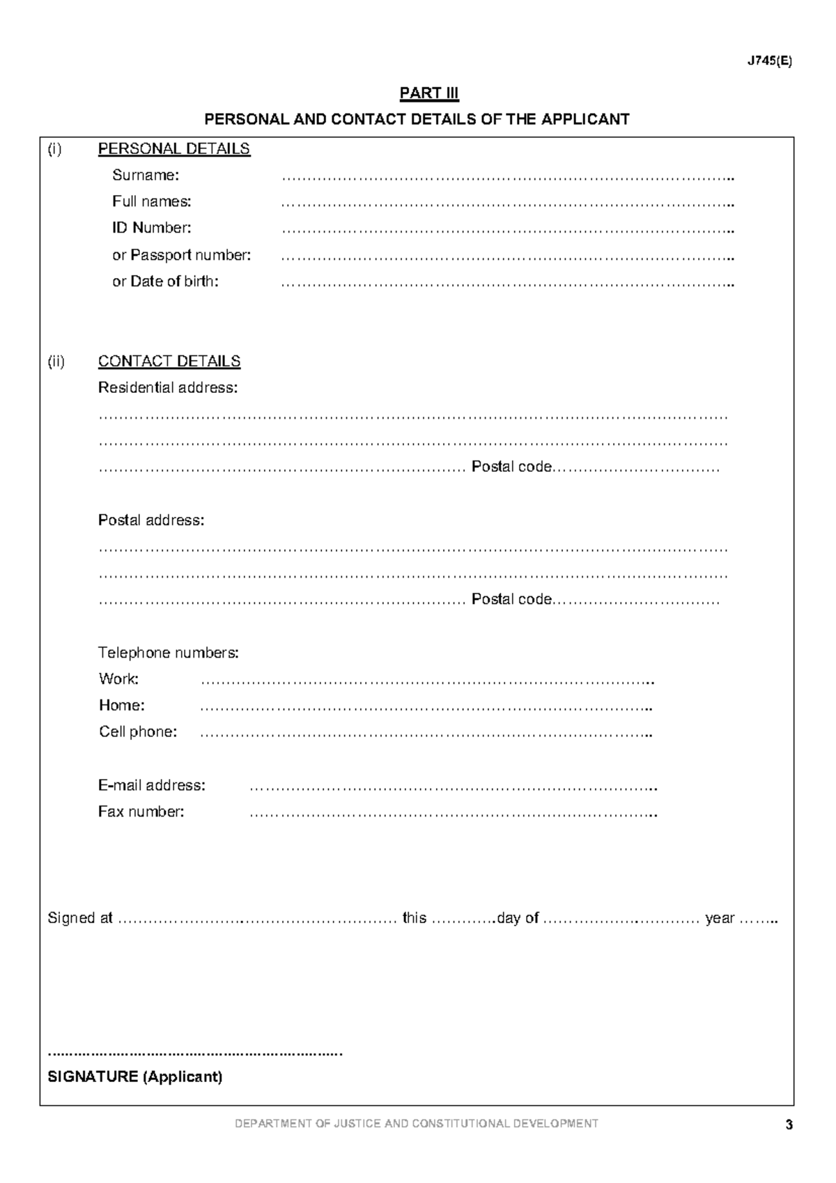 Removal of Record Document - ORG - J745(E) DEPARTMENT OF JUSTICE AND ...