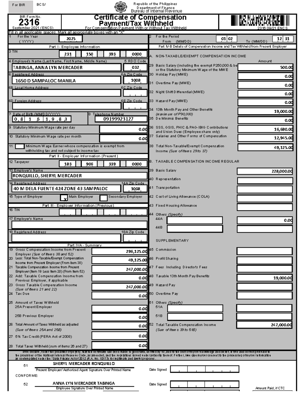 BIR Form No. 2316 Certificate of Compensation Withheld - 2021 - Studocu