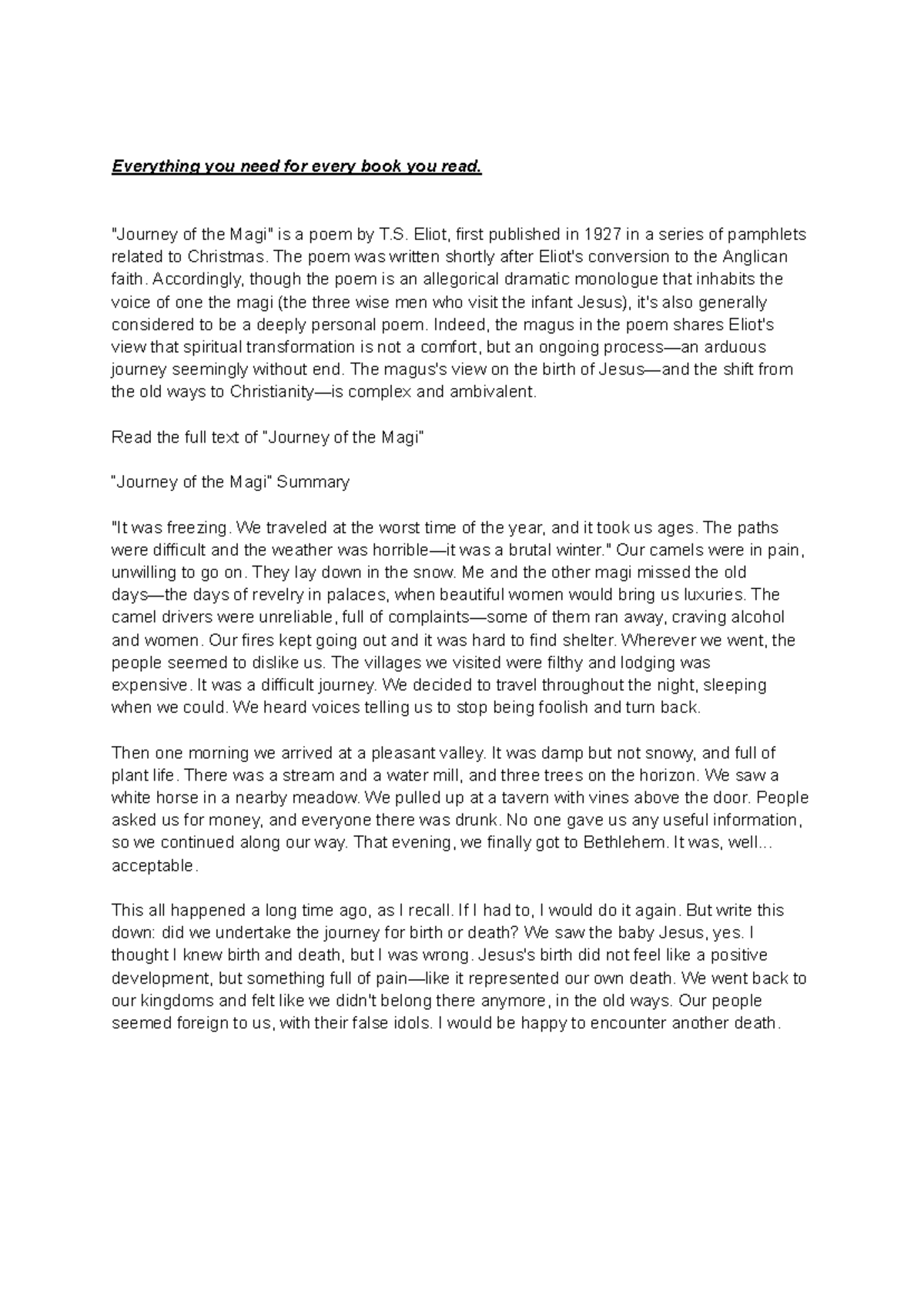 Journey of the Magi (T.S. Eliot) - Poem Summary and Analysis - Studocu