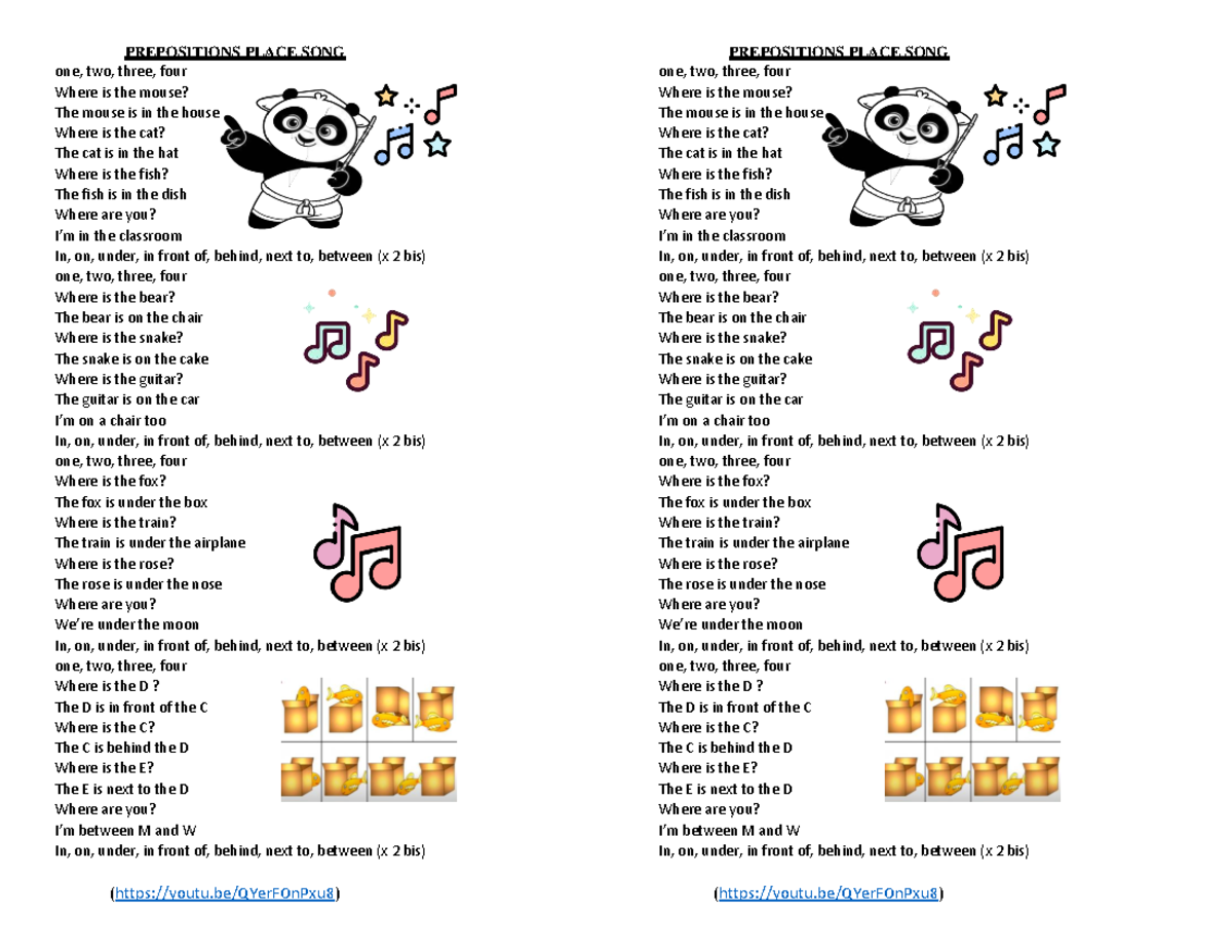 Prepositions Place Song: Fun Learning Activity for Kids - Studocu