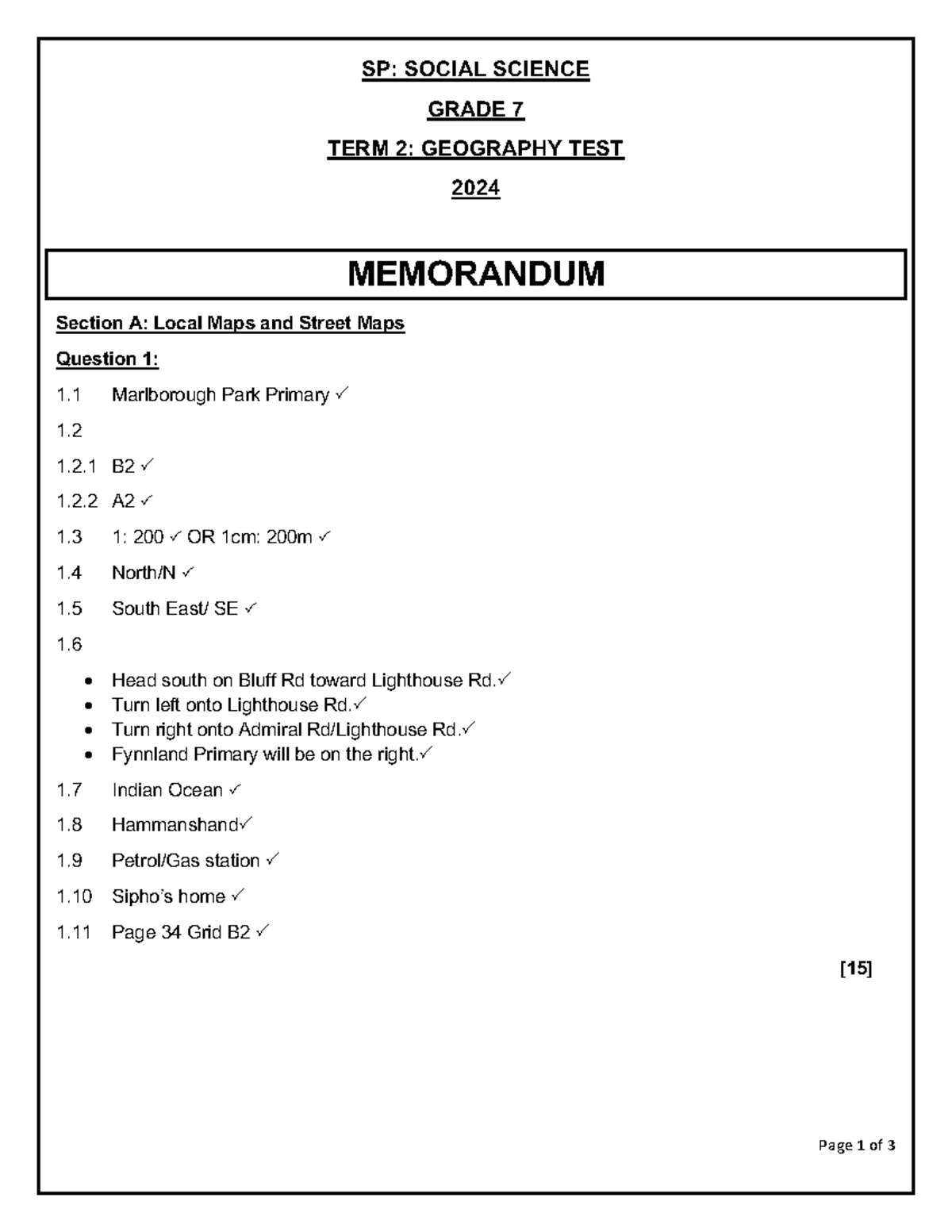 Grade 7 Geography Term 2 June Exam Memorandum 2024 - Studocu