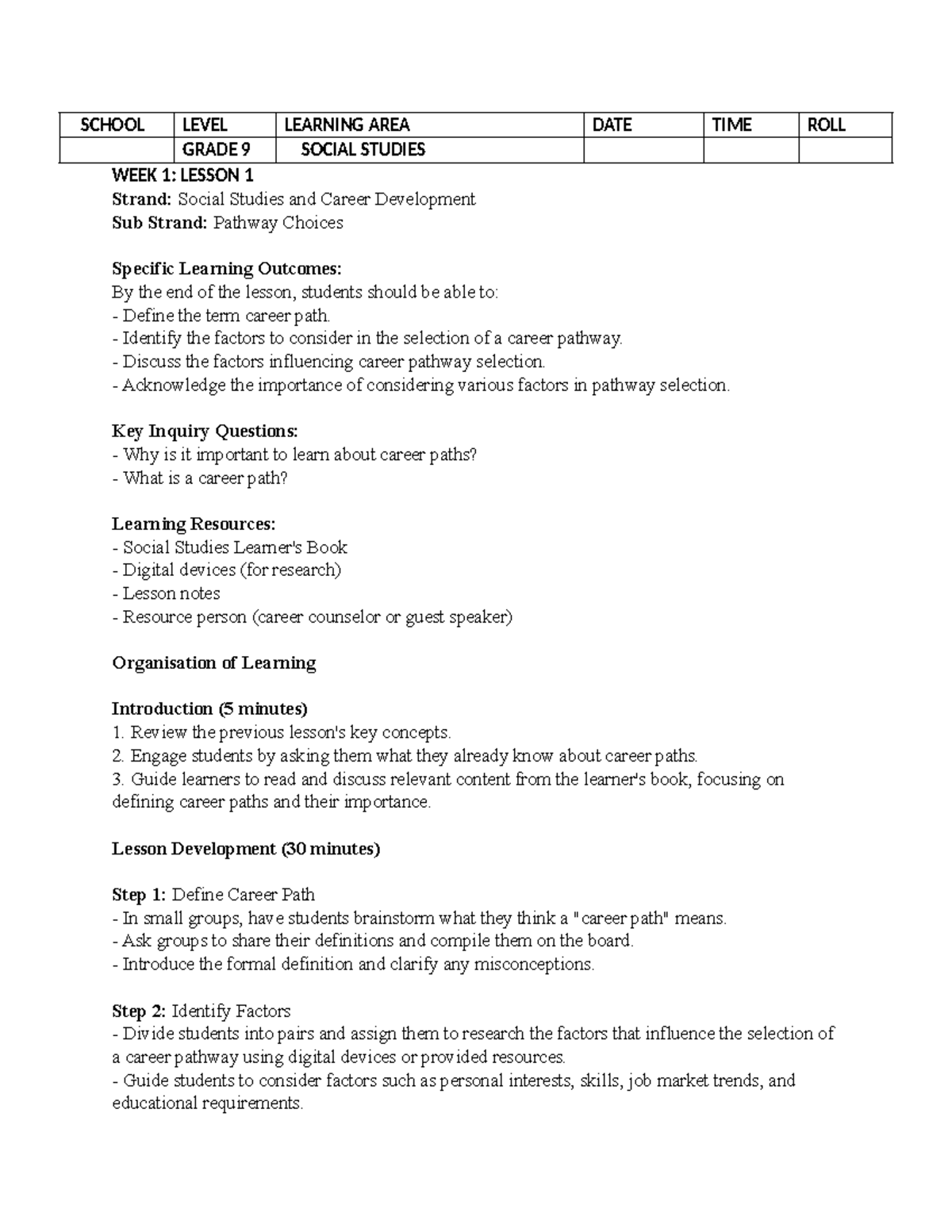 Grade 9 Social Studies Lesson Plans: Career Pathways & Support Systems ...