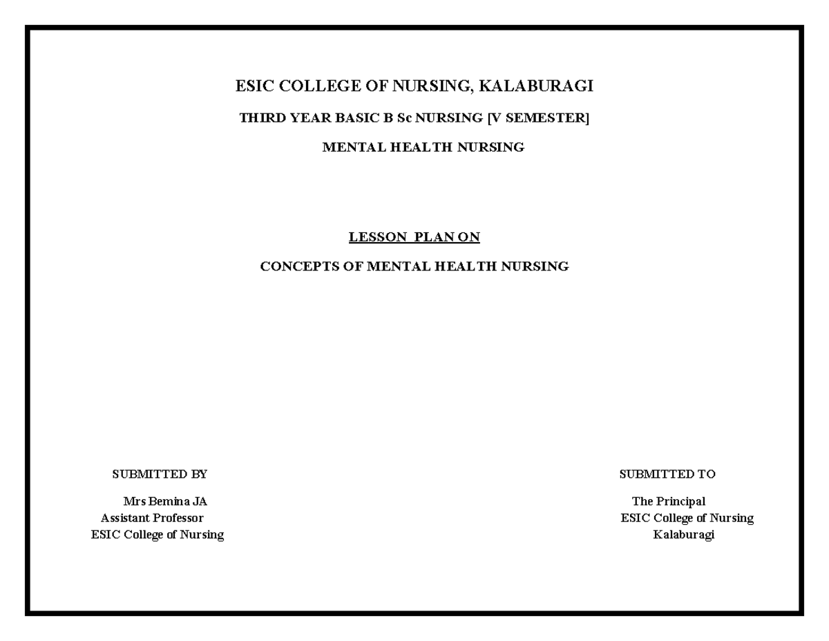 Lesson Plan on Concepts of Mental Health Nursing (MHN) for BSc Nursing ...
