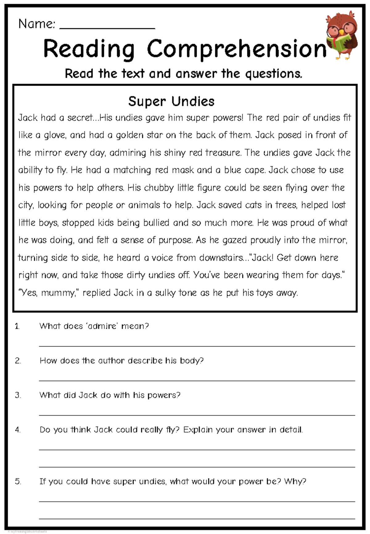 Grade 4 Reading Comp: Super Undies Story Q&A Guide - Studocu