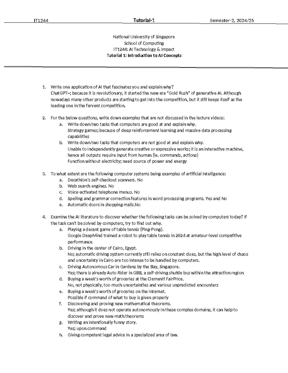 IT1244: AI Technology Impact - Tutorial 1 Q&A on AI Concepts - Studocu