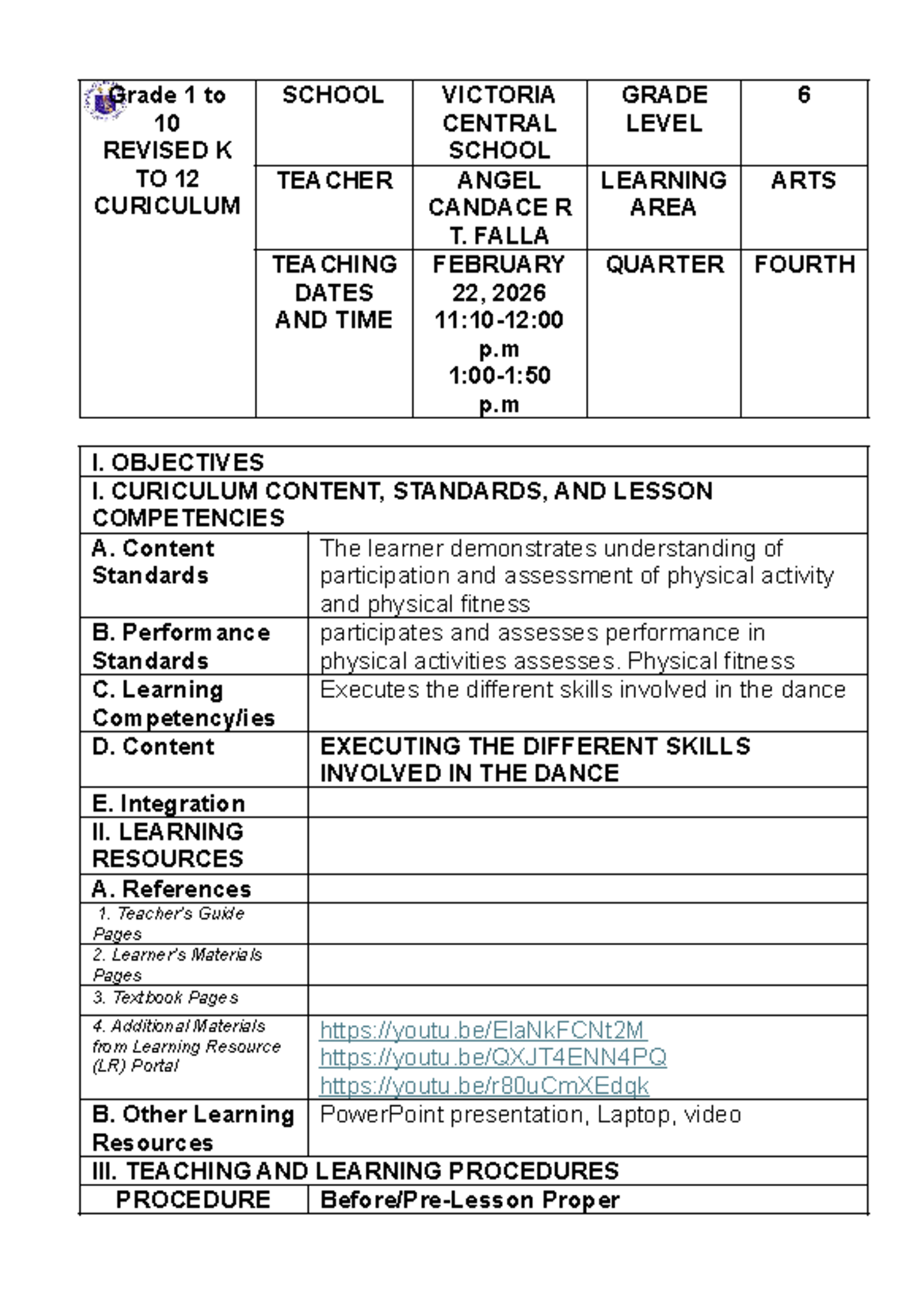 P.E. 6 Arts Curriculum: Dance Lesson Plan & Activities - Studocu