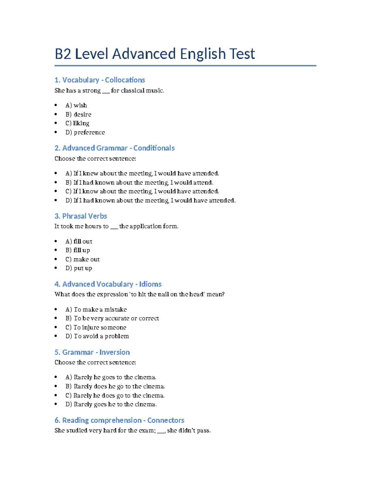 B2 Level Advanced English Test 1: Vocabulary & Grammar Practice - Studocu