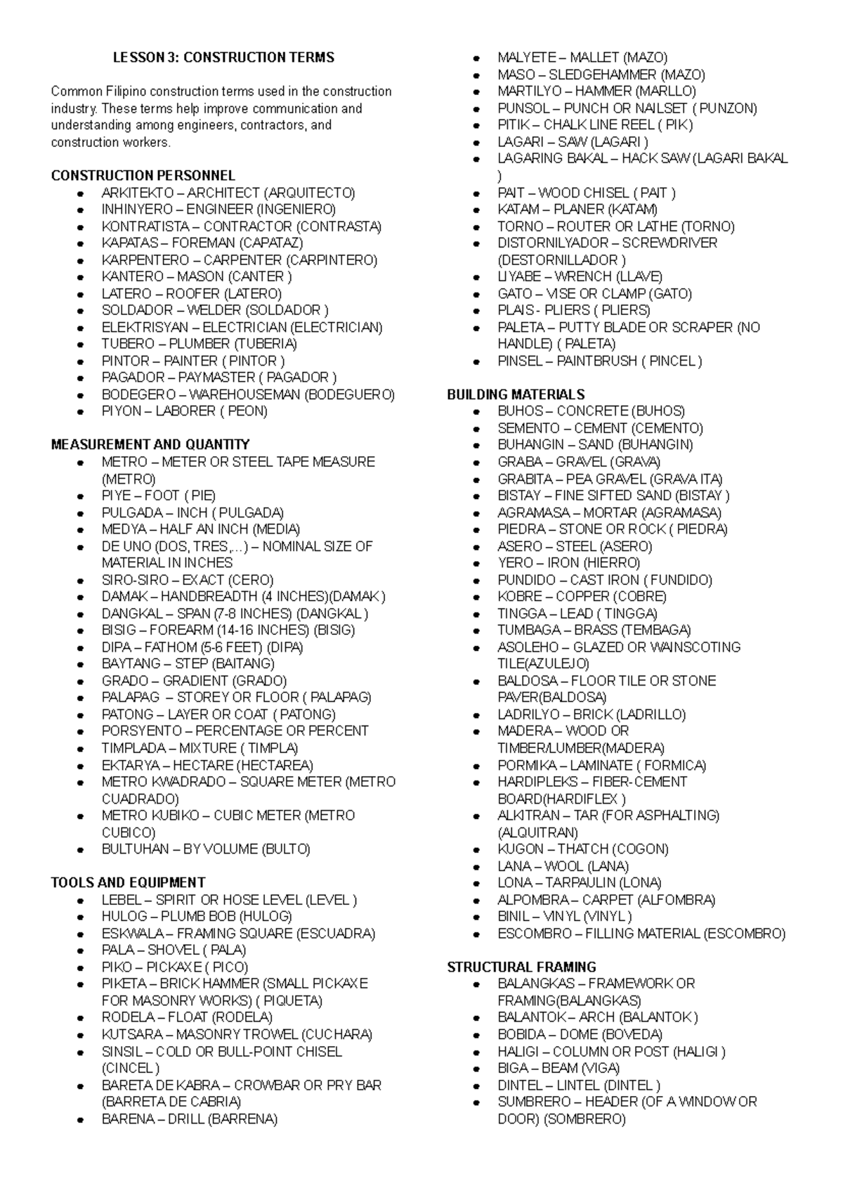 CMAT211-L3: Common Filipino Construction Terms in Lesson 3 - Studocu