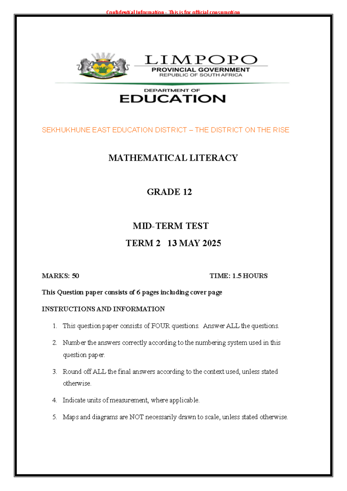 MID-TERM TEST MATHEMATICAL LITERACY GR12 TERM 2 2025 - Studocu