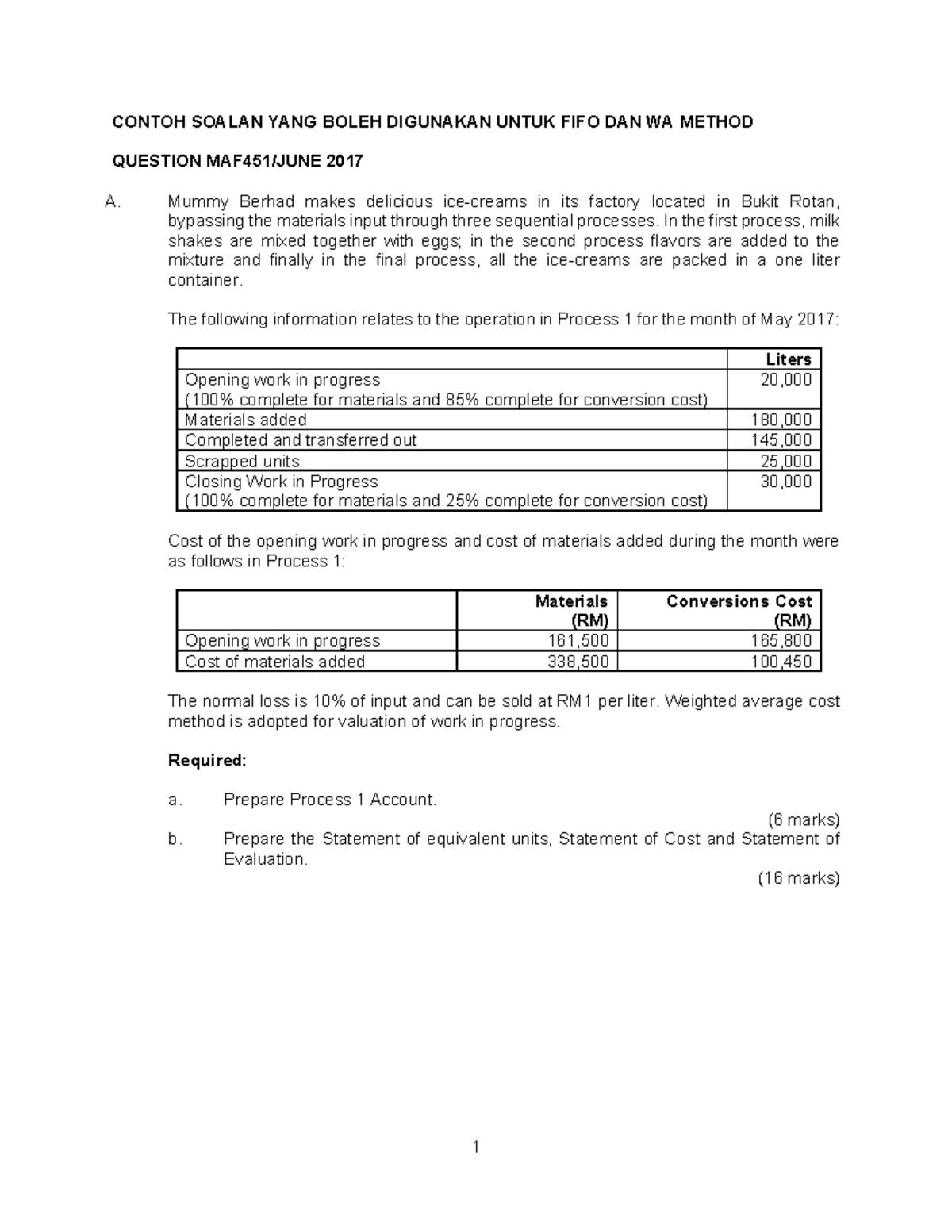 MAF451: Process Costing using FIFO & WA Method - June 2017 Exam - Studocu