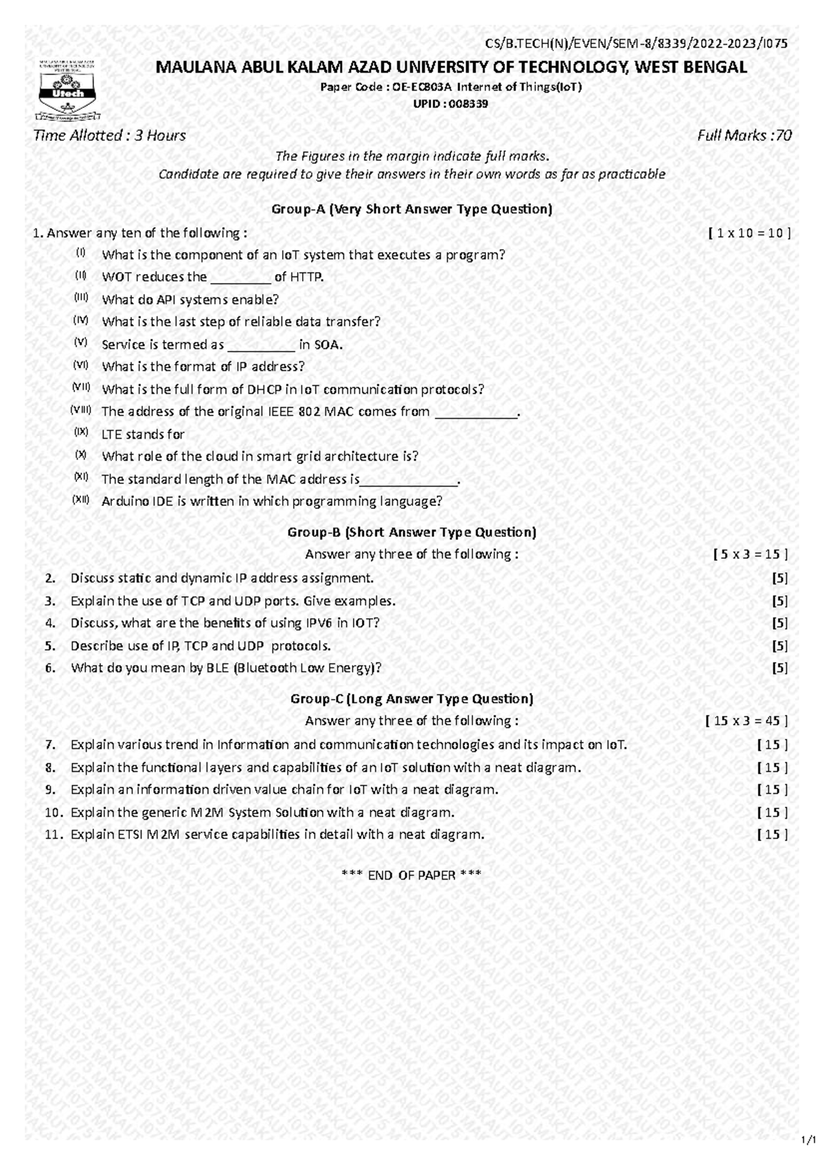 OE-EC803A - IoT Question Paper for UPID: 008339 (3 Hours, 70 Marks ...