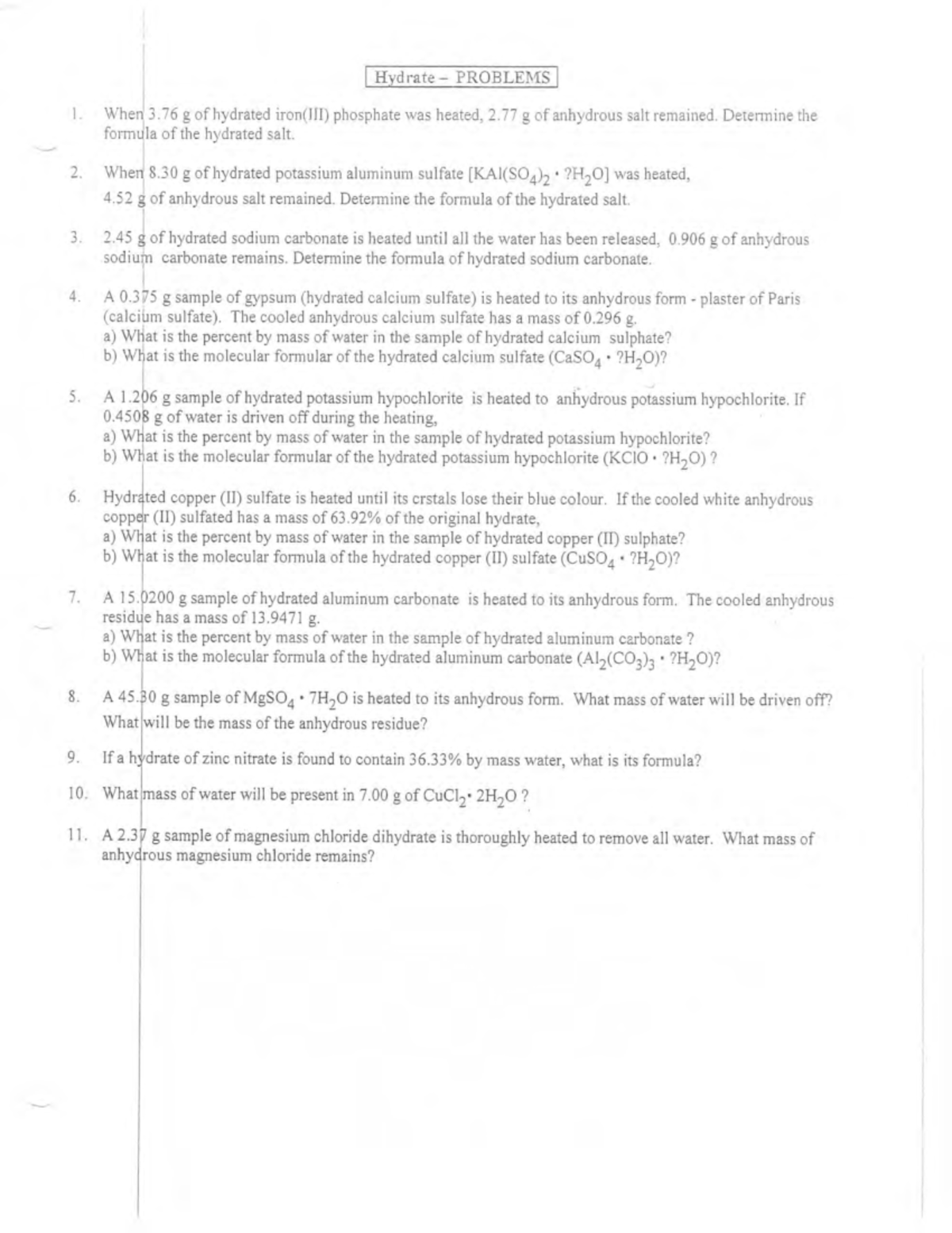 Hydrates WS: Determining Formulas and Water Masses - Studocu