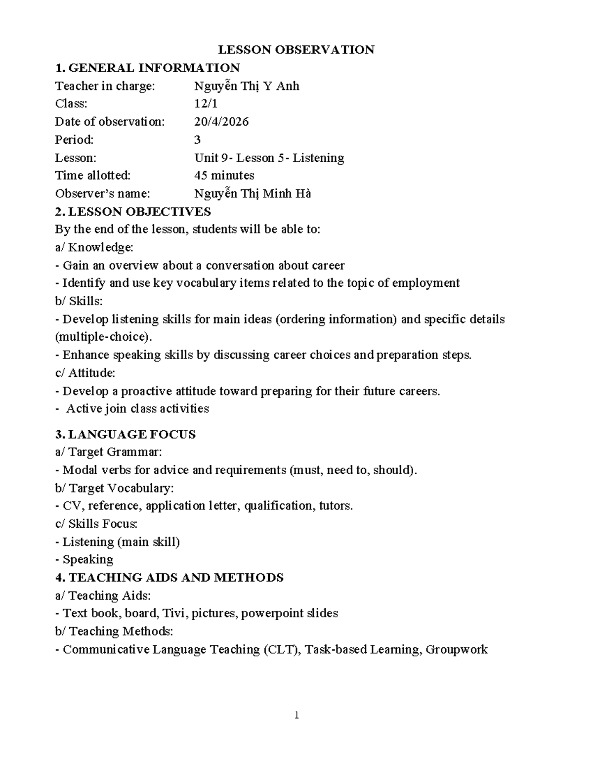 Lesson Observation 1: Career Conversations & Listening Skills - Studocu
