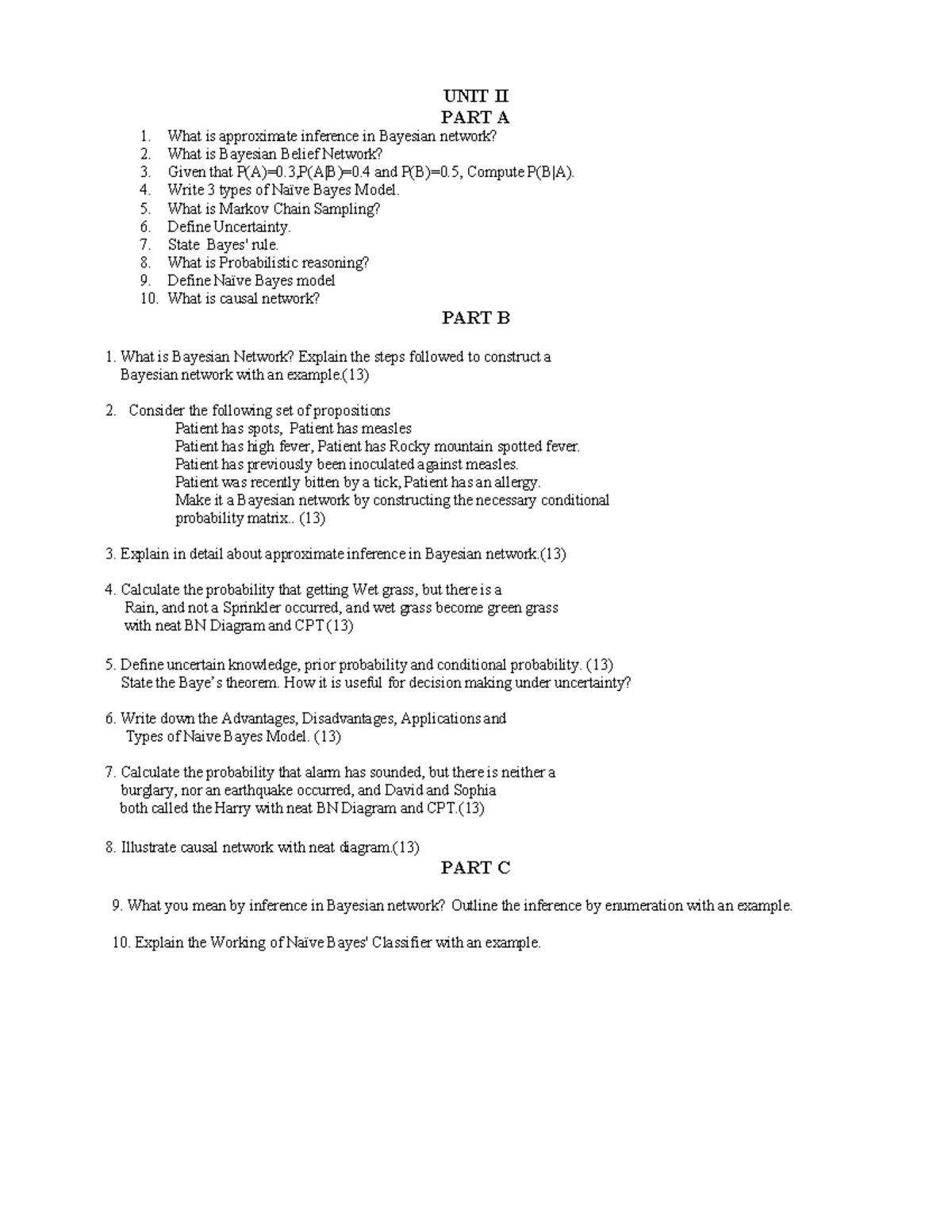 Unit 2: Bayesian Networks Question Set for Exam Preparation - Studocu