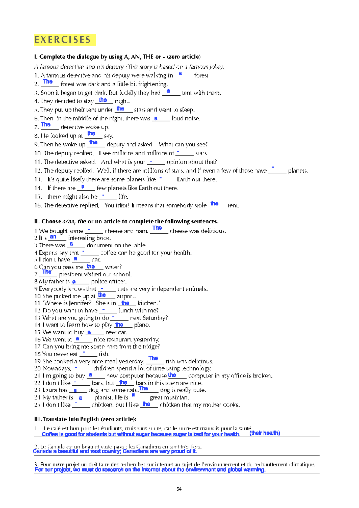 Correction of Articles Exercises for English Language Learners - Studocu