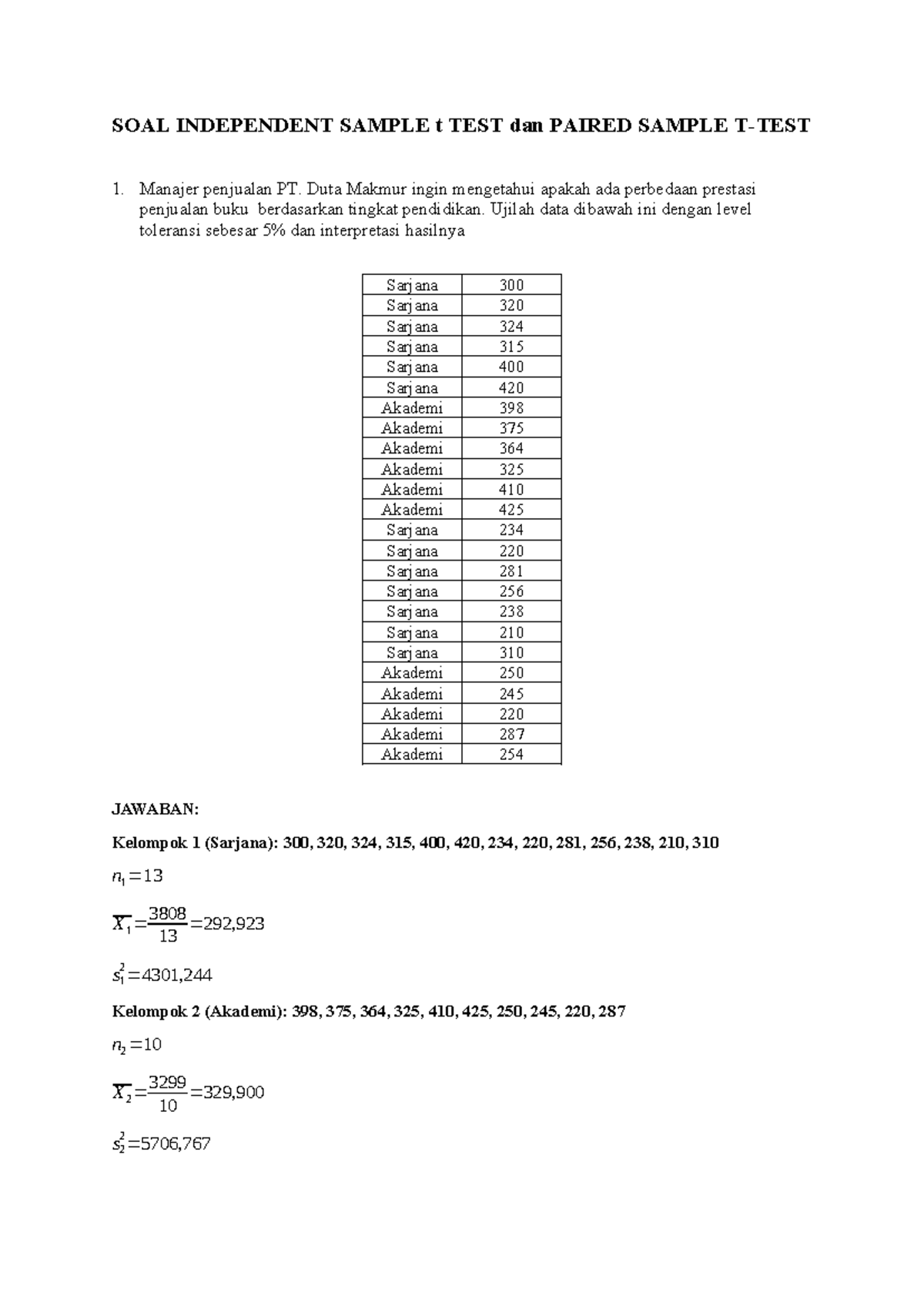 SOAL Independent Sample t TEST dan Paired Sample Analysis - Studocu