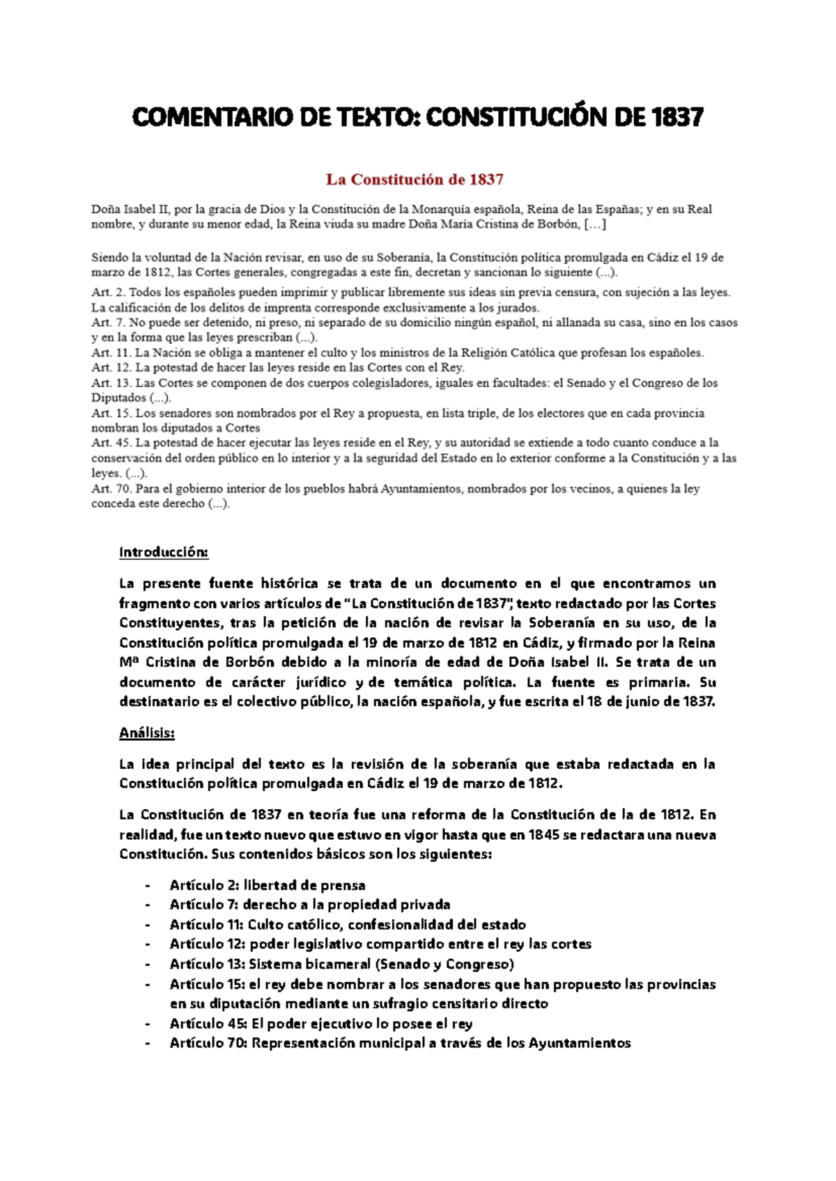 Comentario de Texto: Análisis de la Constitución de 1837 - Studocu