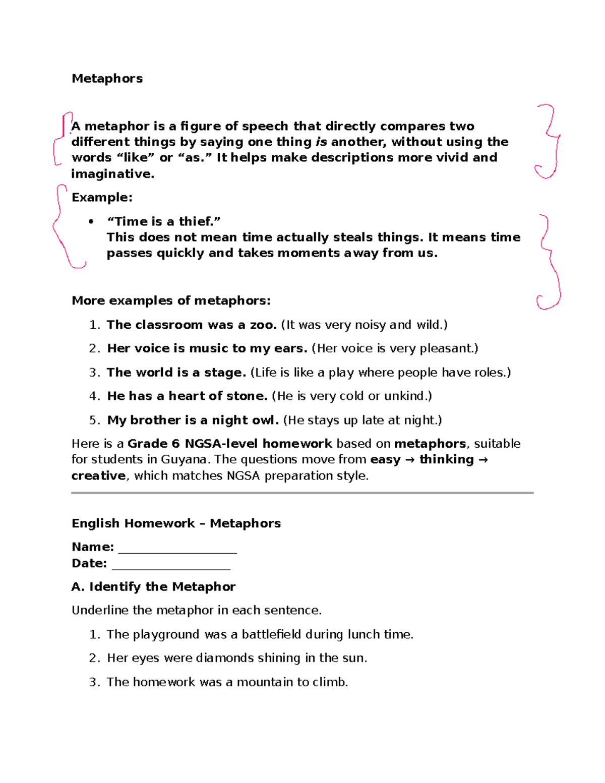 Grade 6 English Homework: Understanding Metaphors for NGSA - Studocu