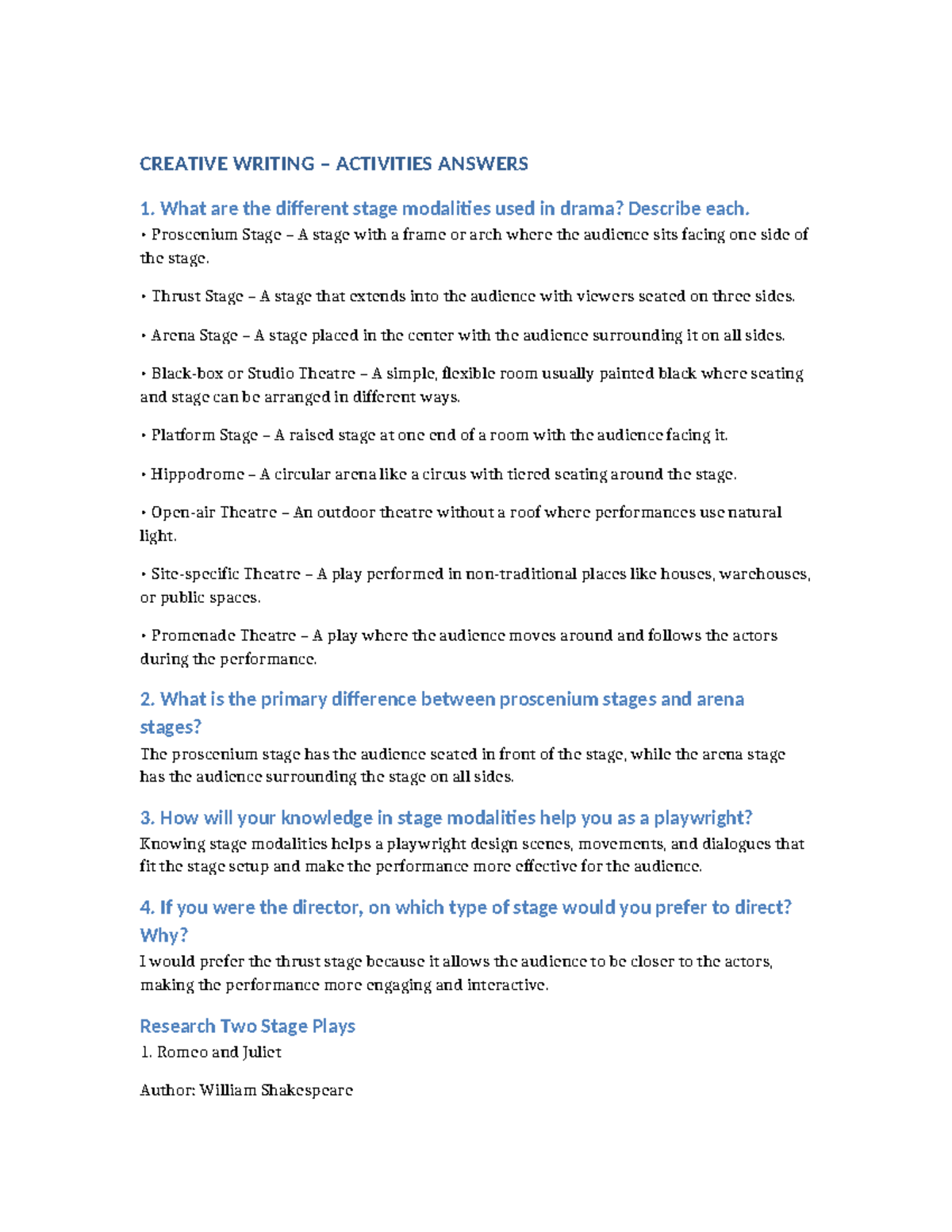 CREATIVE WRITING ACTIVITIES ANSWERS: STAGE MODALITIES & INFLUENCES ...