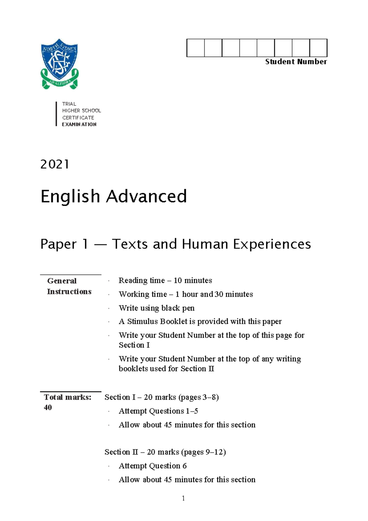 2021 Trial HSC Exam: English Advanced Paper 1 - Texts & Human ...