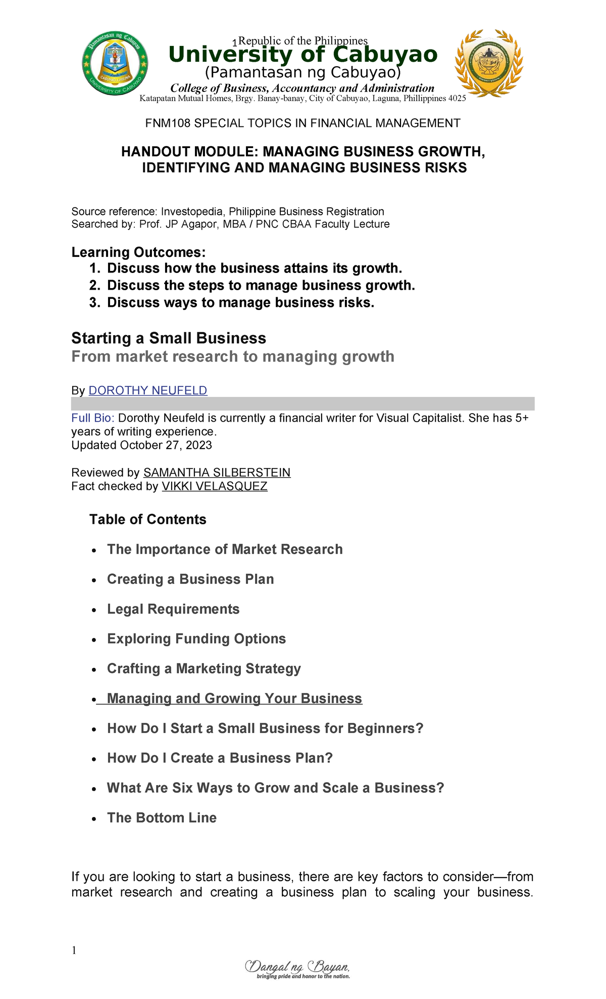 FNM108 Handout: Managing Business Growth & Risks in Financial ...