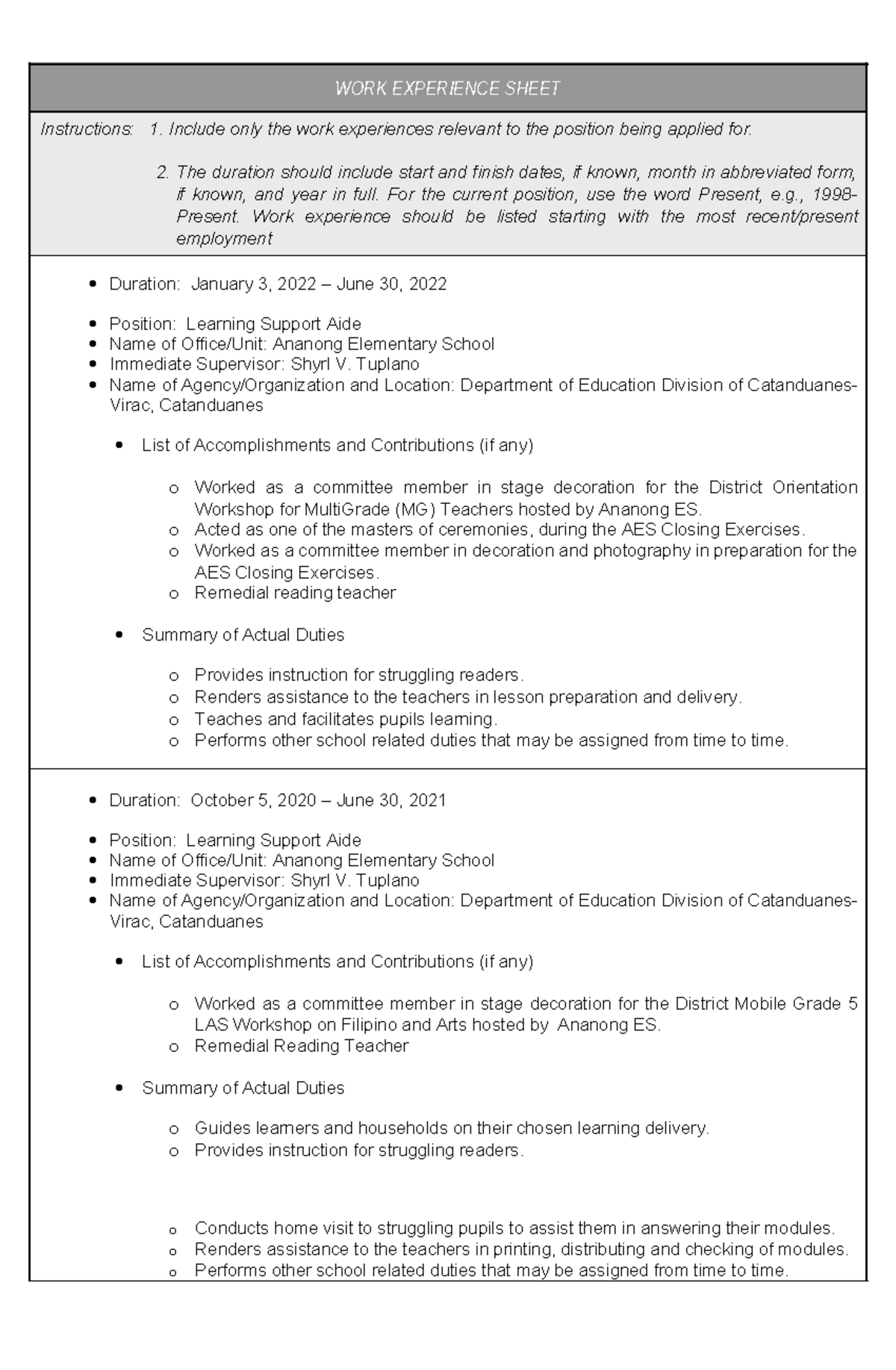 CS Form No.212-Attachment Work Experience Sheet - WORK EXPERIENCE SHEET ...