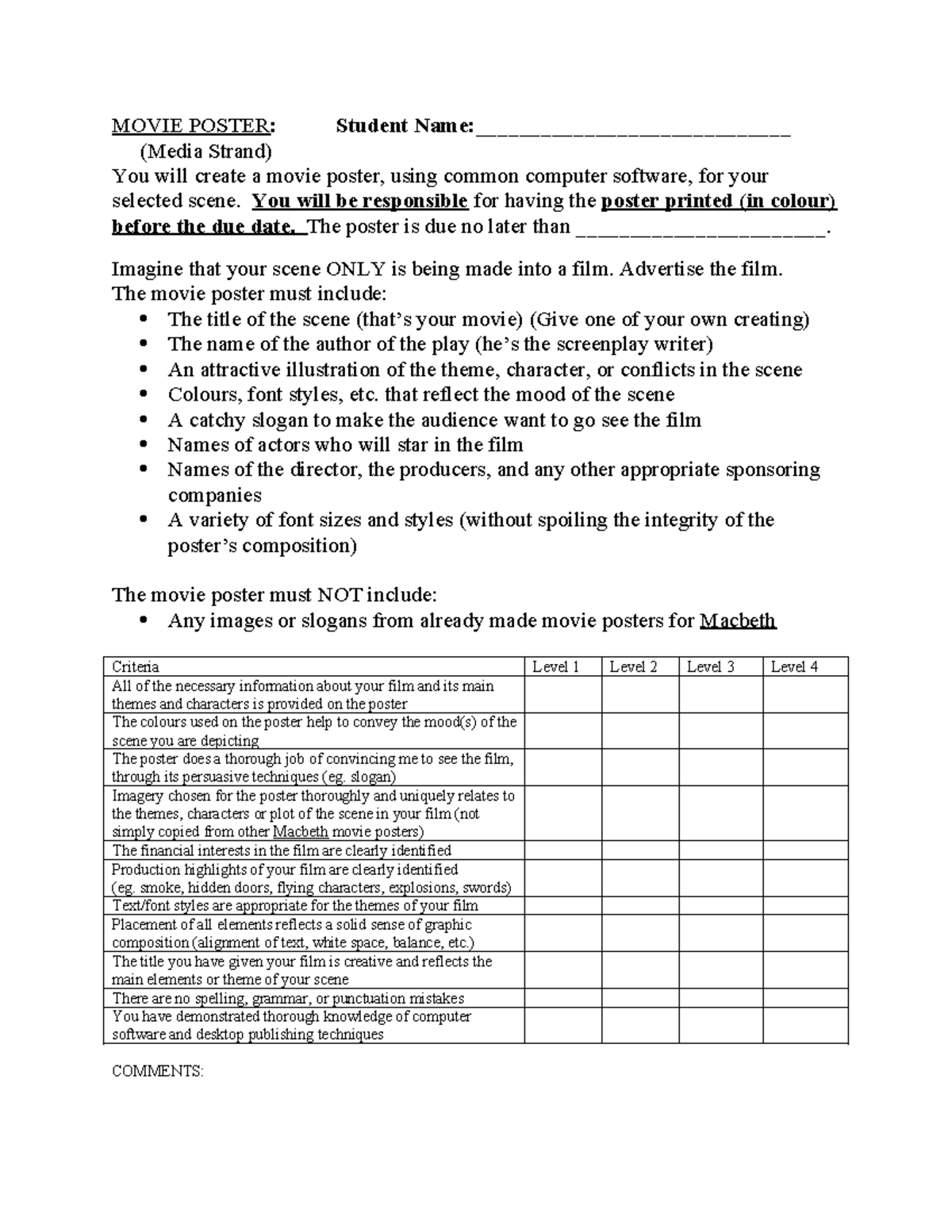 MOVIE POSTER: Evaluation Rubric for Media Strand Project - Studocu