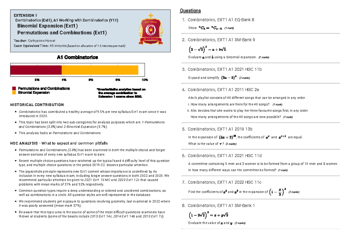 Combinatorics Practice Notes for EXT1 A1: Key Concepts and Common ...