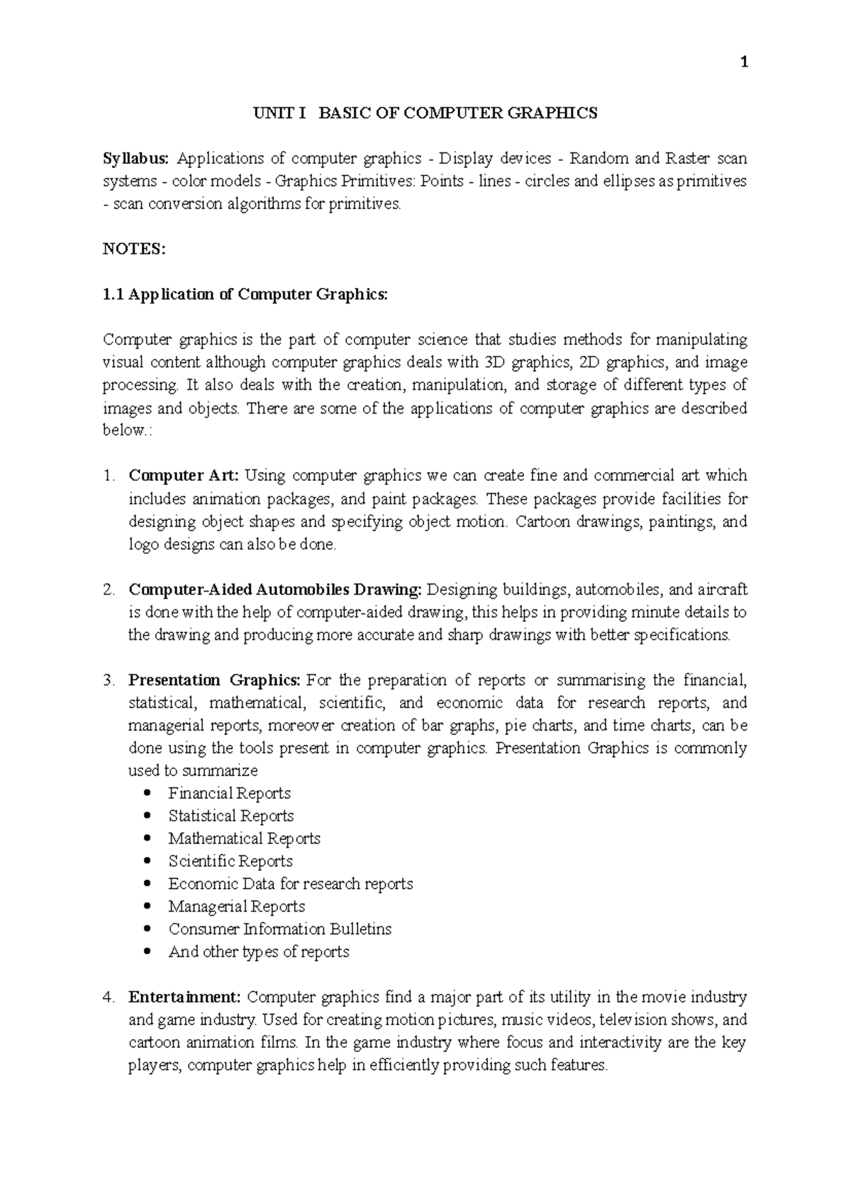 UNIT I: Basics of Computer Graphics - Syllabus and Applications - Studocu