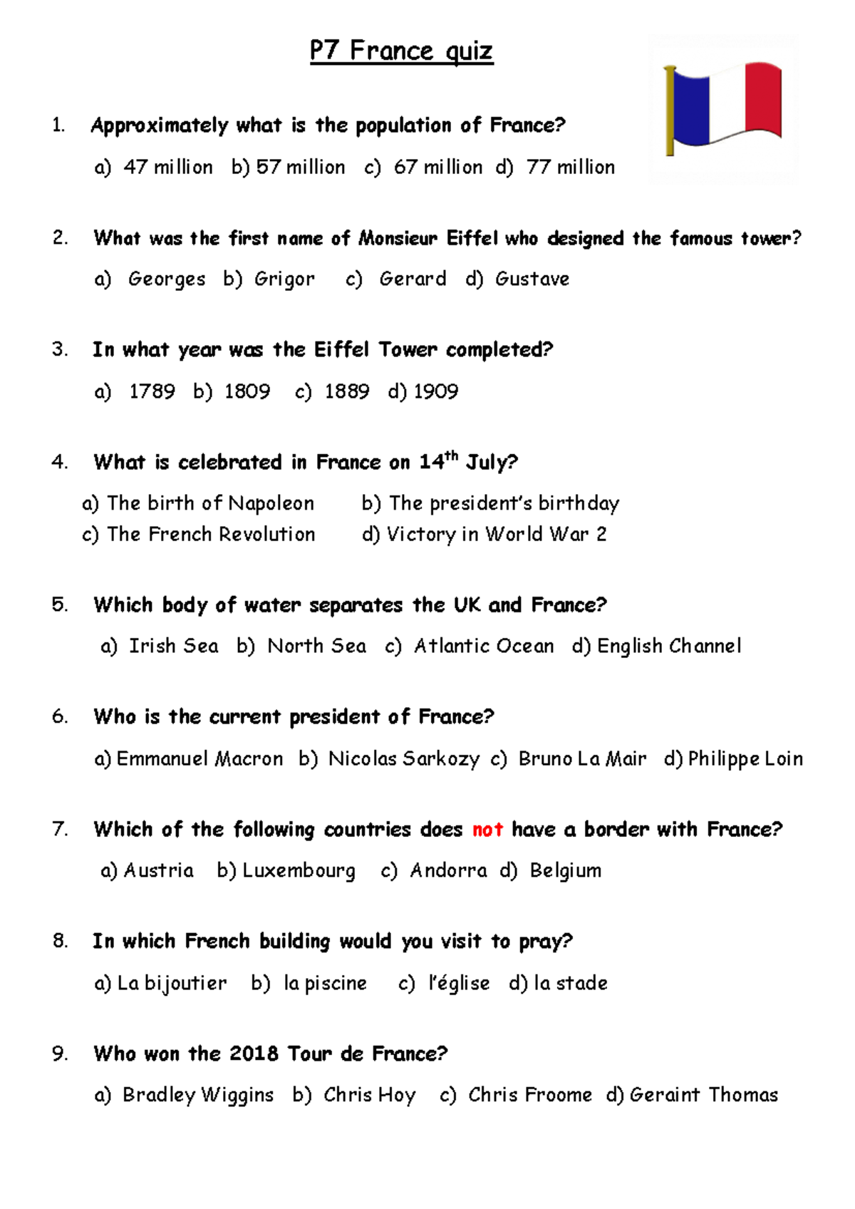 P7-French Quiz: Explore Facts About France and Its Culture - Studocu