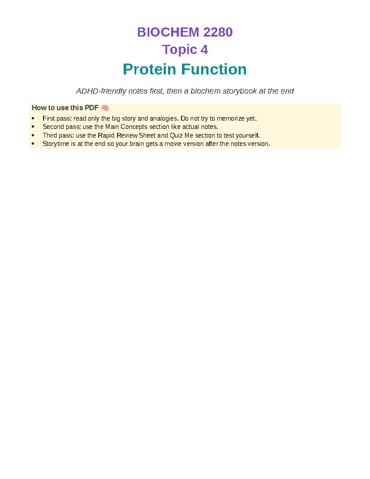 Biochem 2280 Topic 4: Protein Function ADHD Study Guide - Studocu