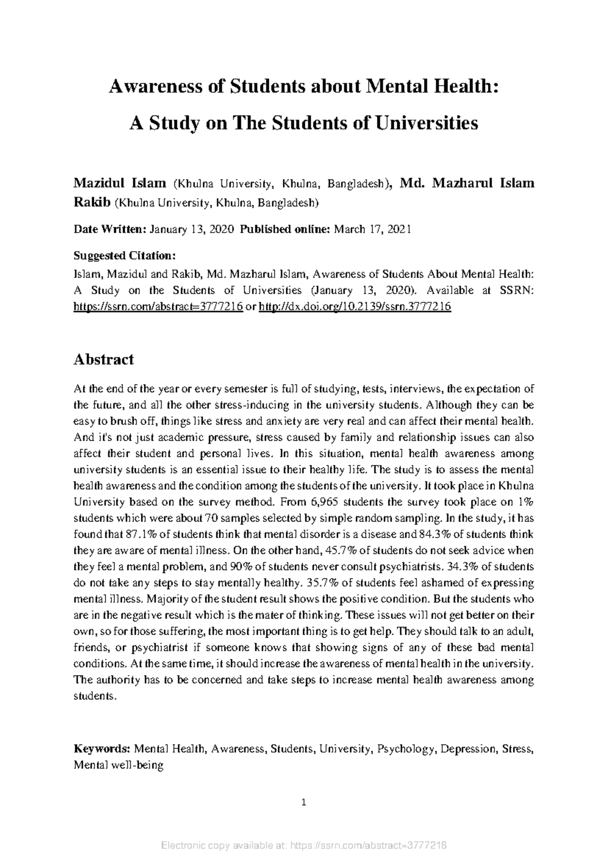 Awareness of Mental Health Among University Students: A Study at Khulna ...