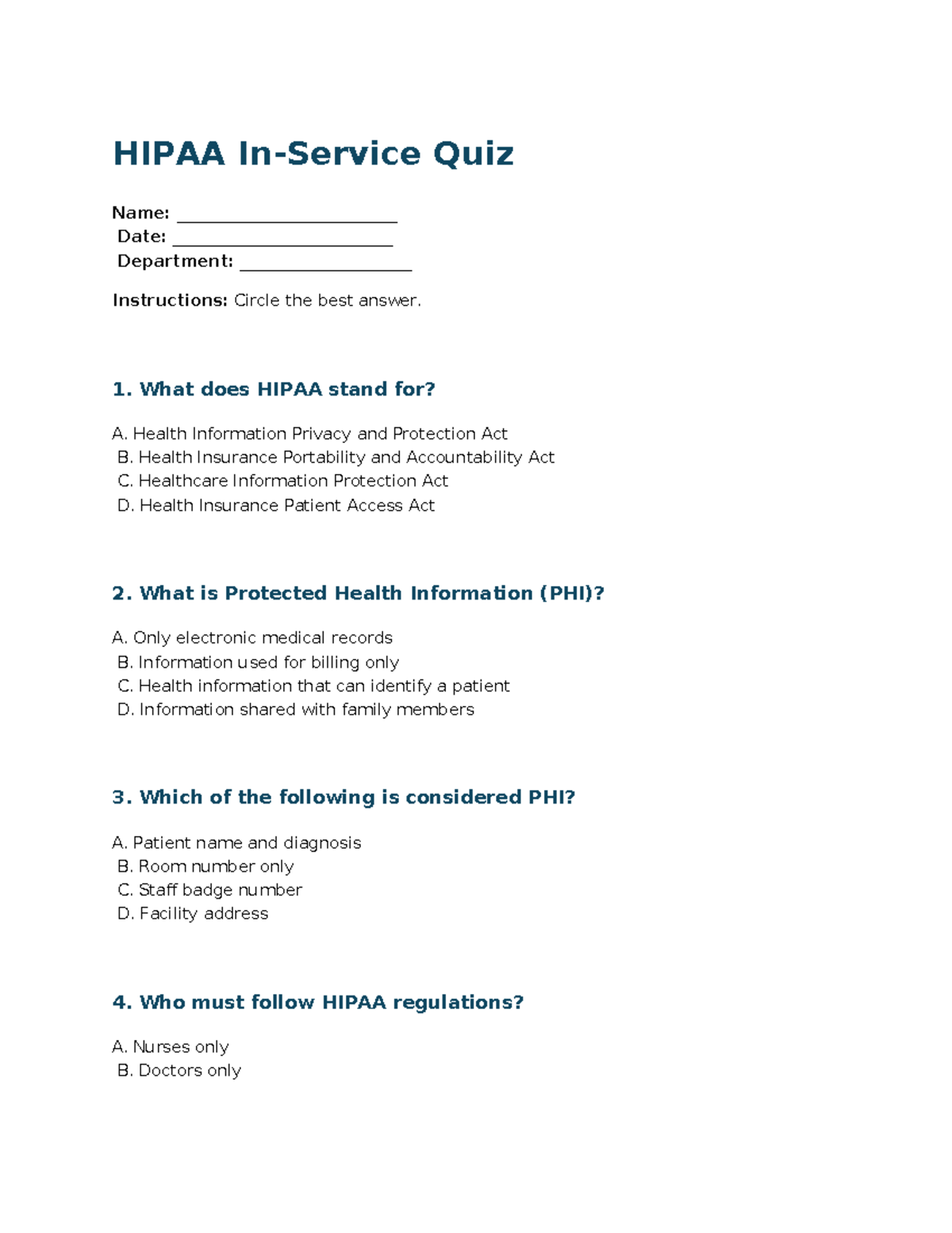 HIPAA In-Service Quiz - Civil (Quiz) - Studocu