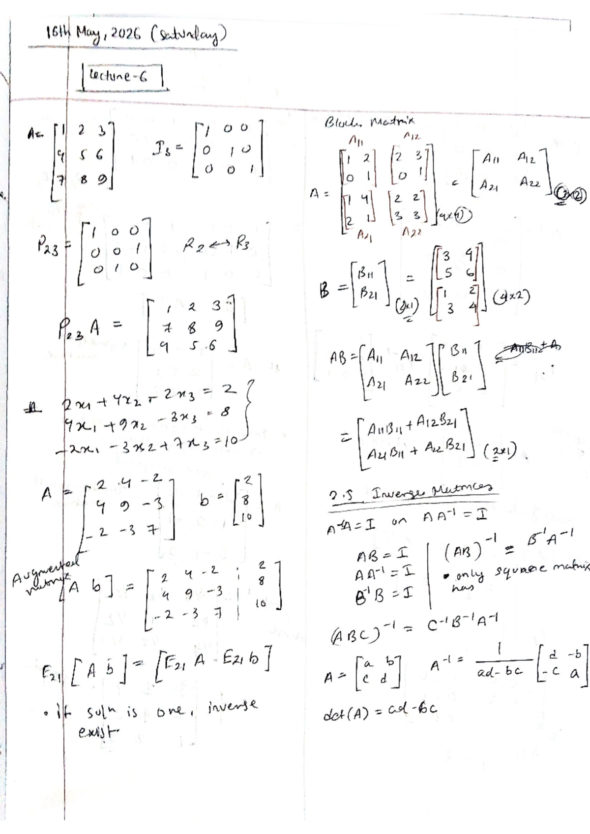 L6 - Class Notes on Block Matrices and Inverses - Studocu