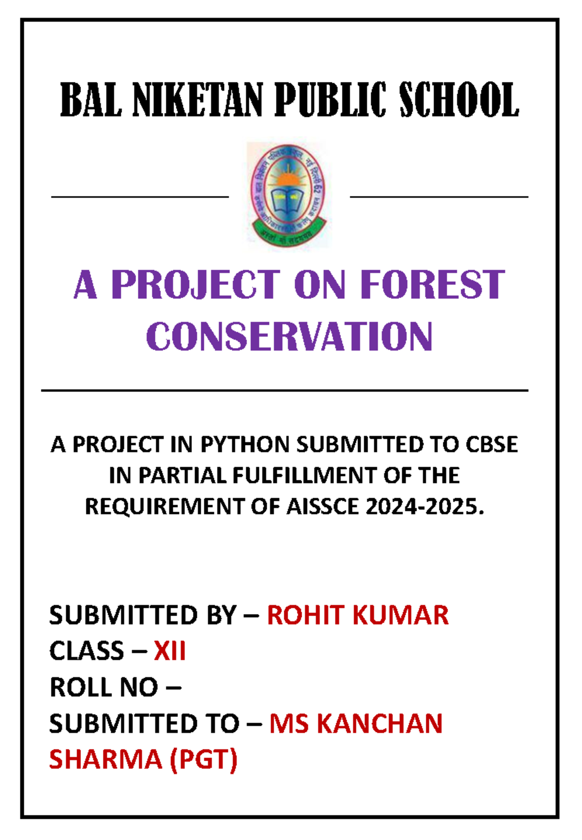 CBSE Class XII Project: Forest Conservation Using Python - Studocu