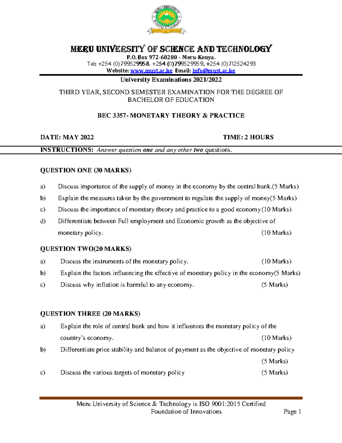 BEC 3357 Monetary Theory & Practice Final Exam May 2022 - Studocu