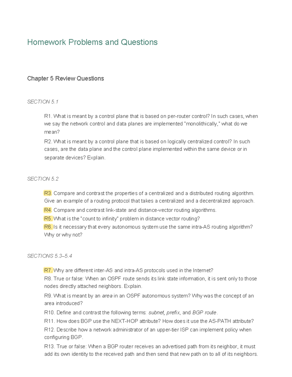 Network Layer Homework Problems & Review Questions for CS101 - Studocu