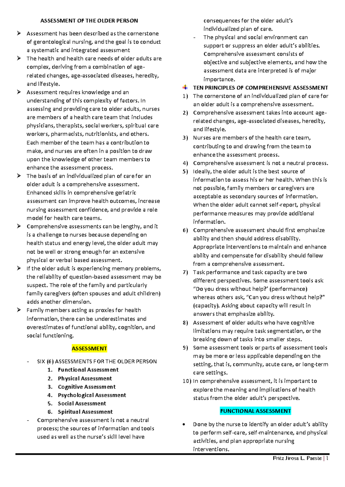 NCM 2011 - Comprehensive Assessment of Older Adults - Studocu