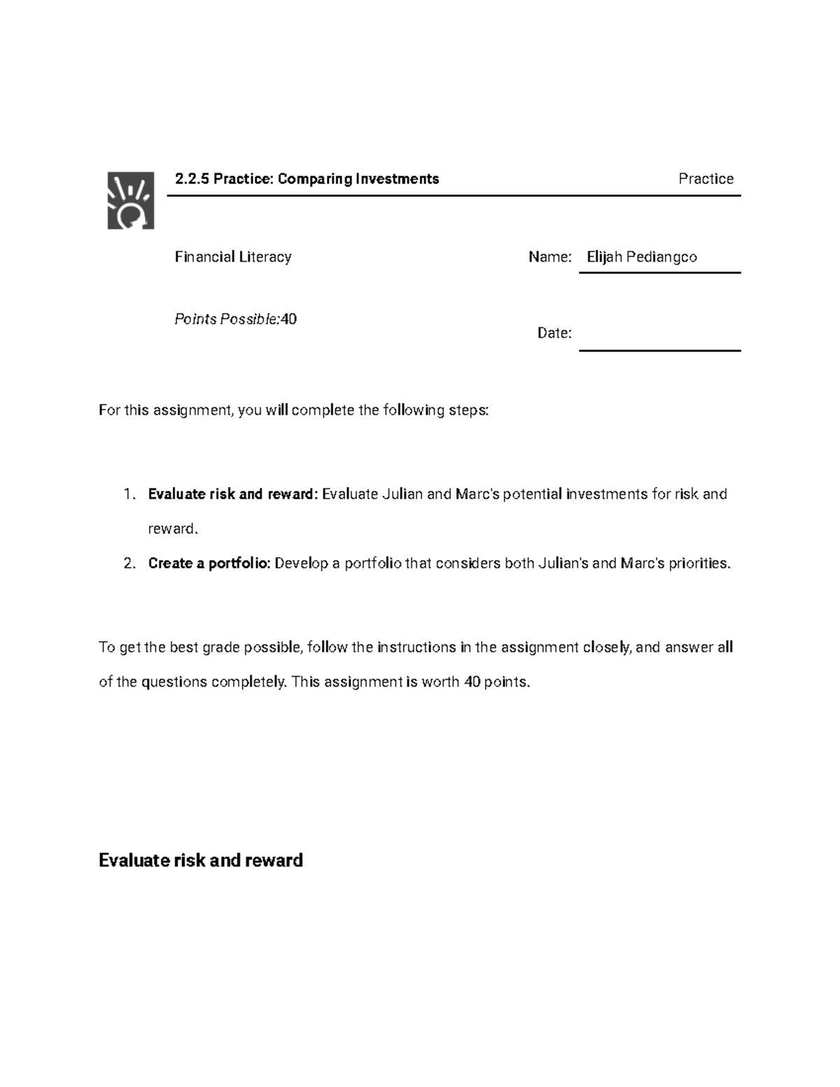 Final 2.2.5 Practice Financial Literacy - 2.2 Practice: Comparing ...