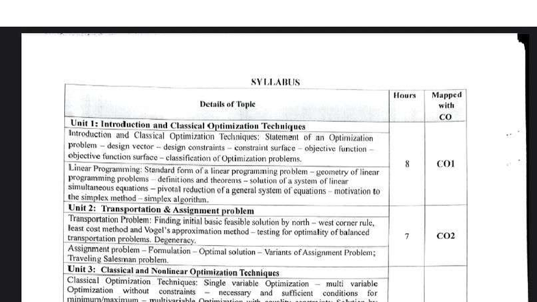 SYLLABUS: Optimization Techniques (CO1-CO5) for Engineering Design - Studocu