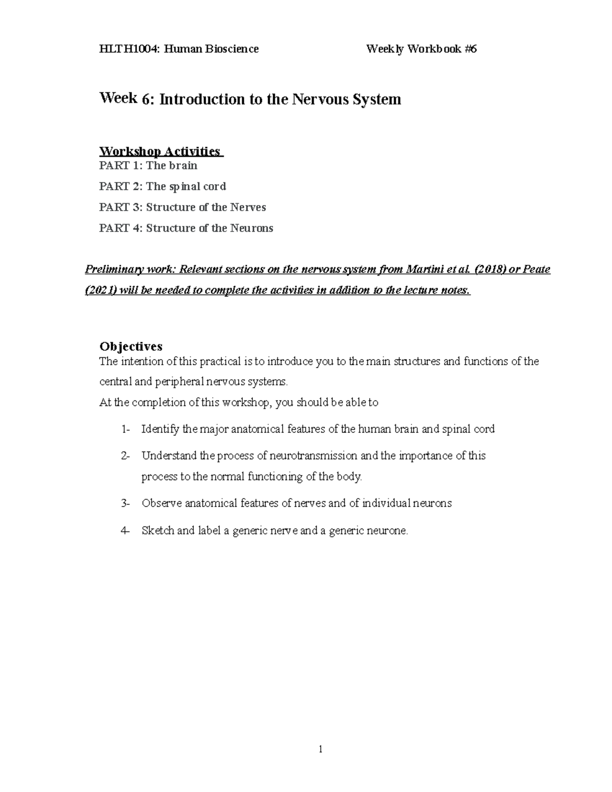 HLTH1004: Week 6 Nervous System Workbook - Brain, Spinal Cord & Neurons ...