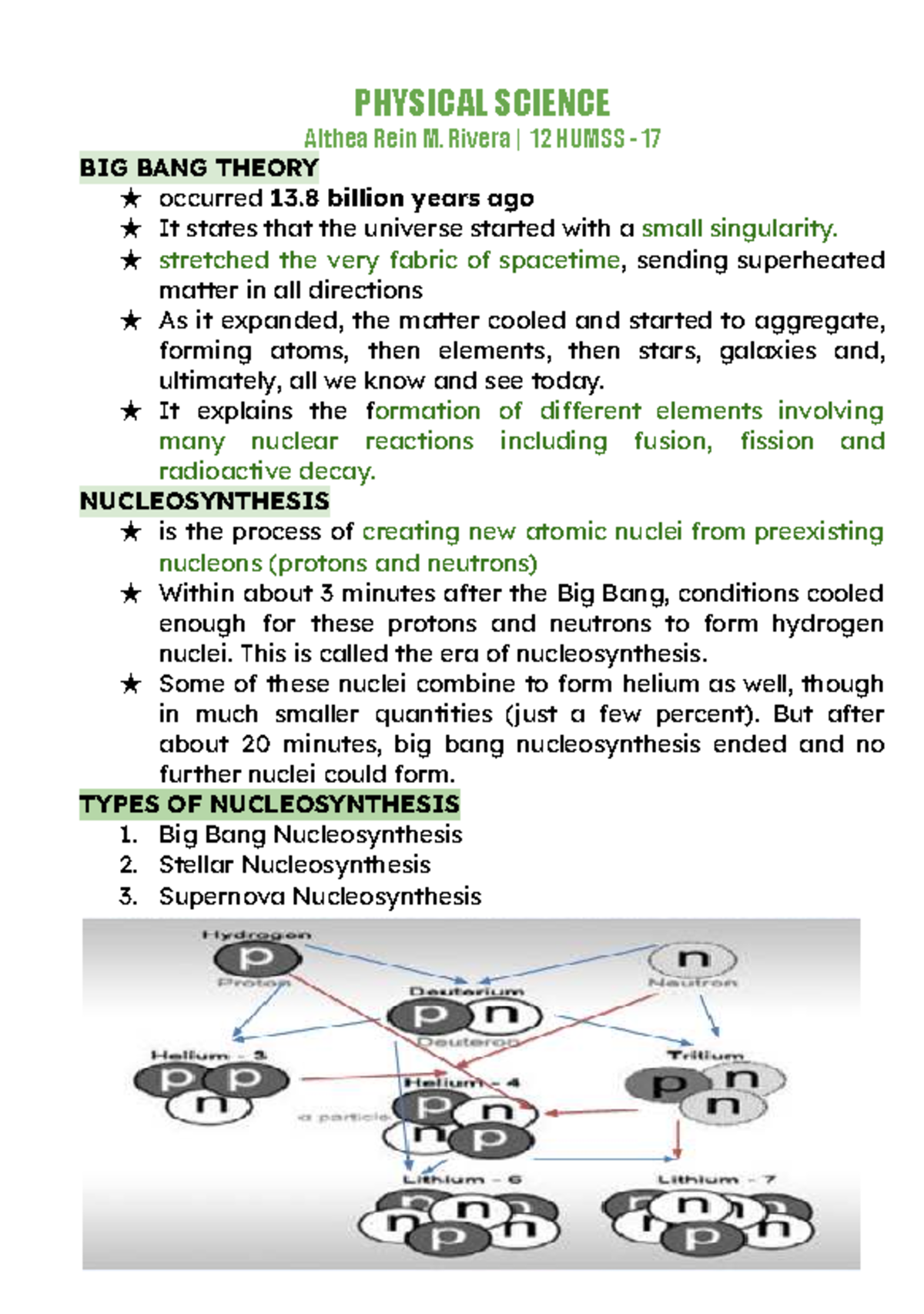 PHY SCI 12 HUMSS 17 Quiz 1 - Big Bang & Stellar Evolution Notes - Studocu