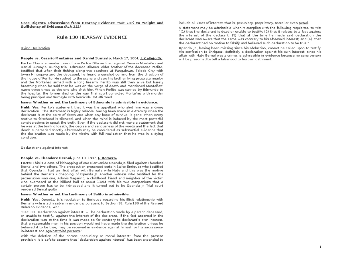 Rem2 Case Digest: Hearsay & Evidence Rules (Rules 130-133) - Studocu