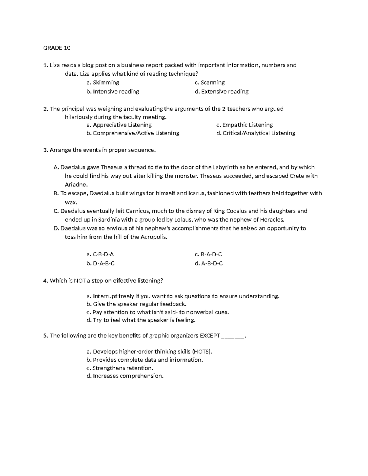 Quizbeequestionsword - GRADE 10 Liza reads a blog post on a business ...