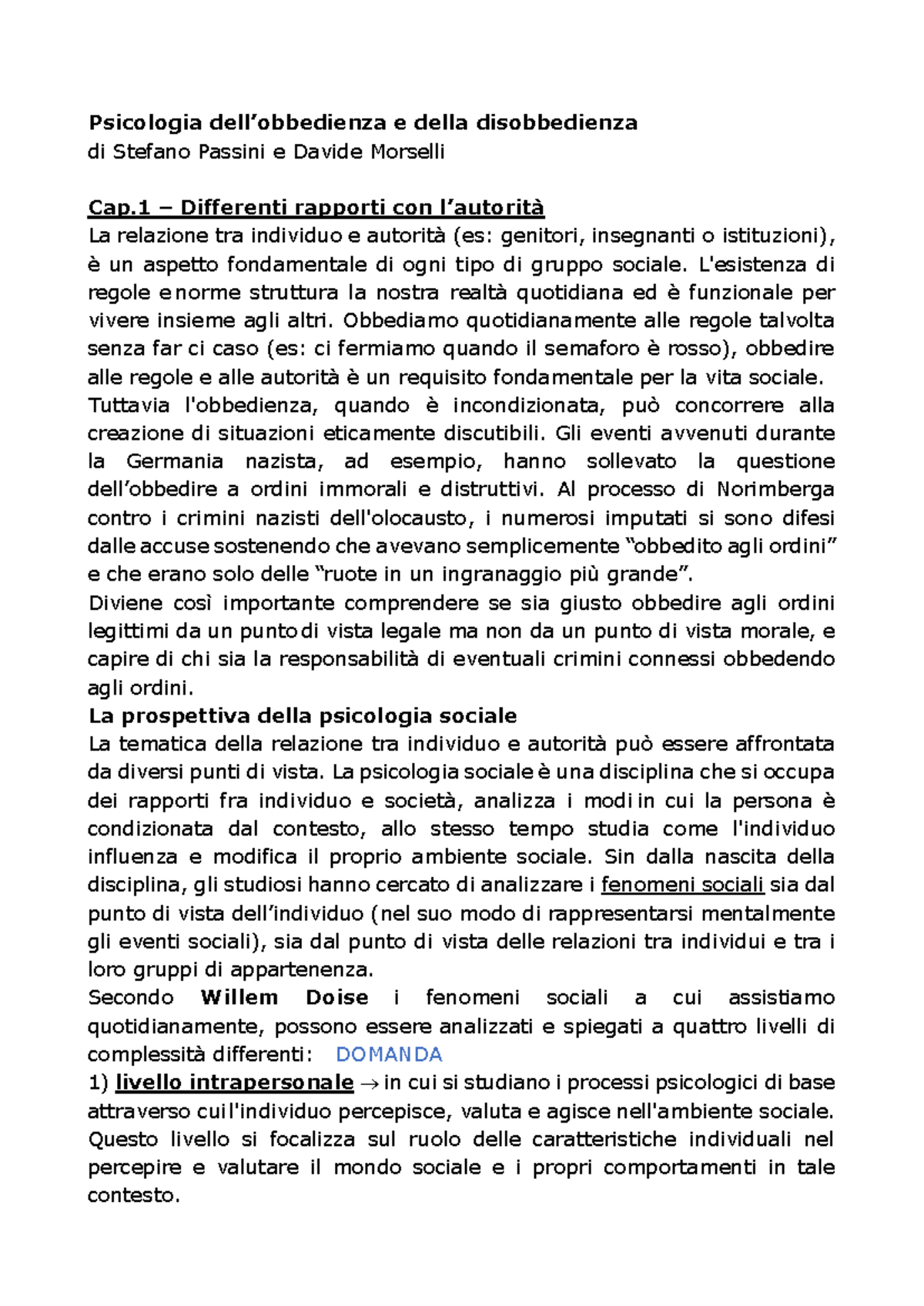 Psicologia DELL' Obbedienza e Della Disobbedienza - Cap. 1 Analisi ...